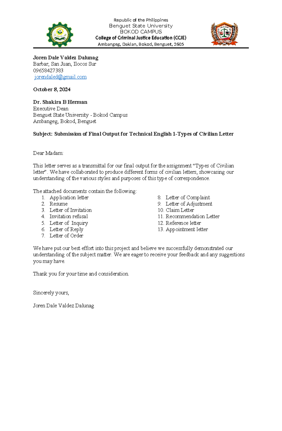 Technical English 1 - Final Output on Types of Civilian Letters - Studocu