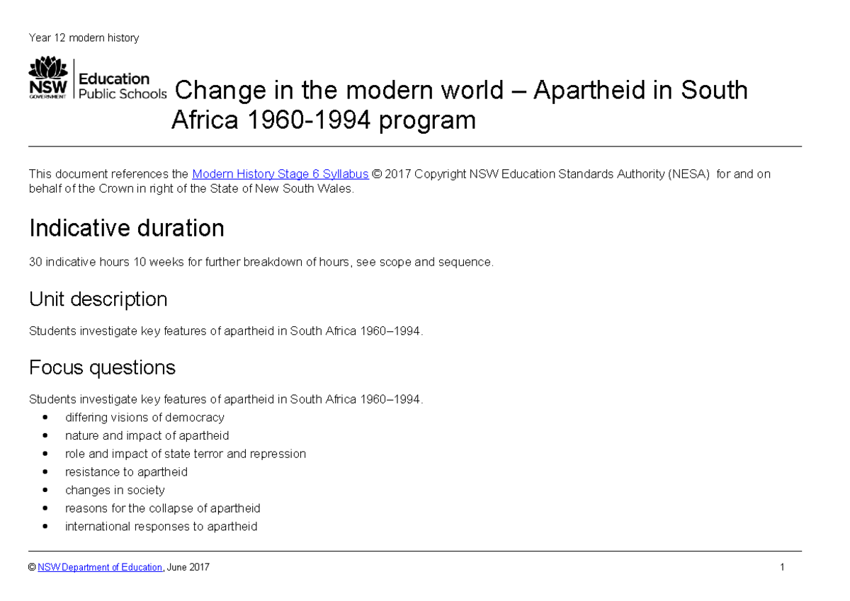 Year 12 Modern History: Apartheid in South Africa Program (1960-1994 ...