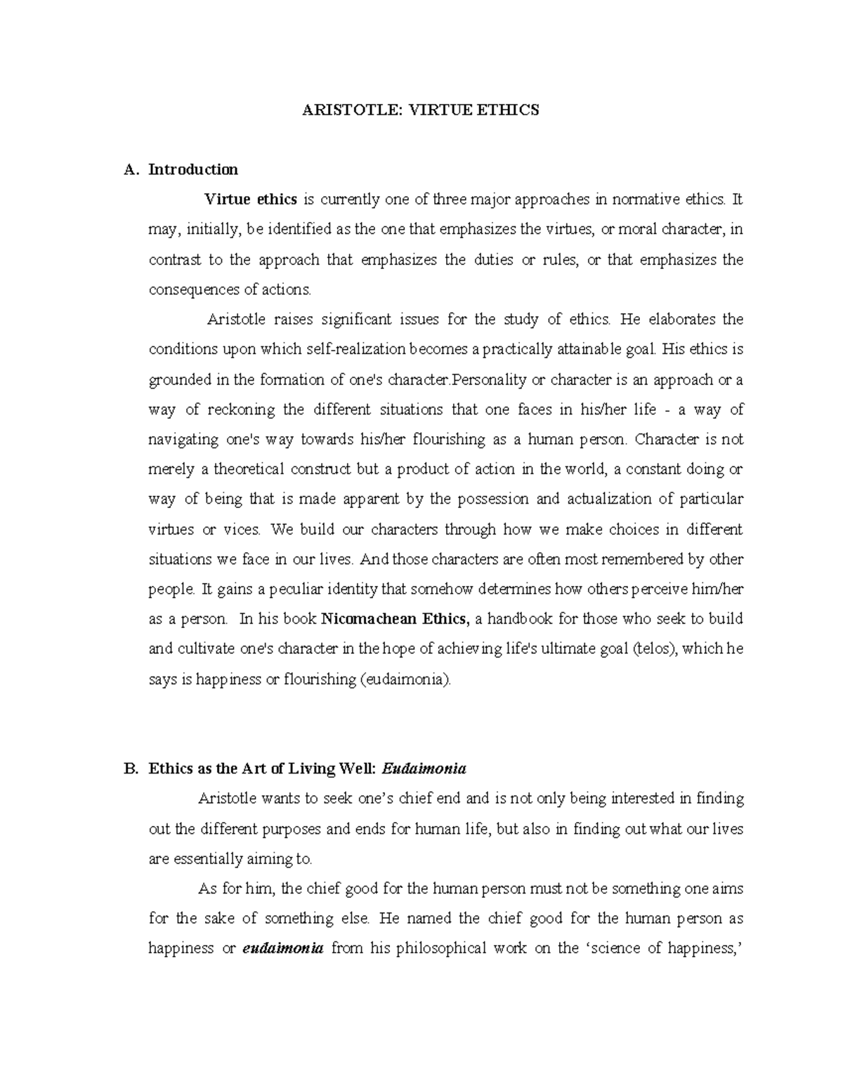 Virtue Ethics - Lecture notes 1 - ARISTOTLE: VIRTUE ETHICS A ...