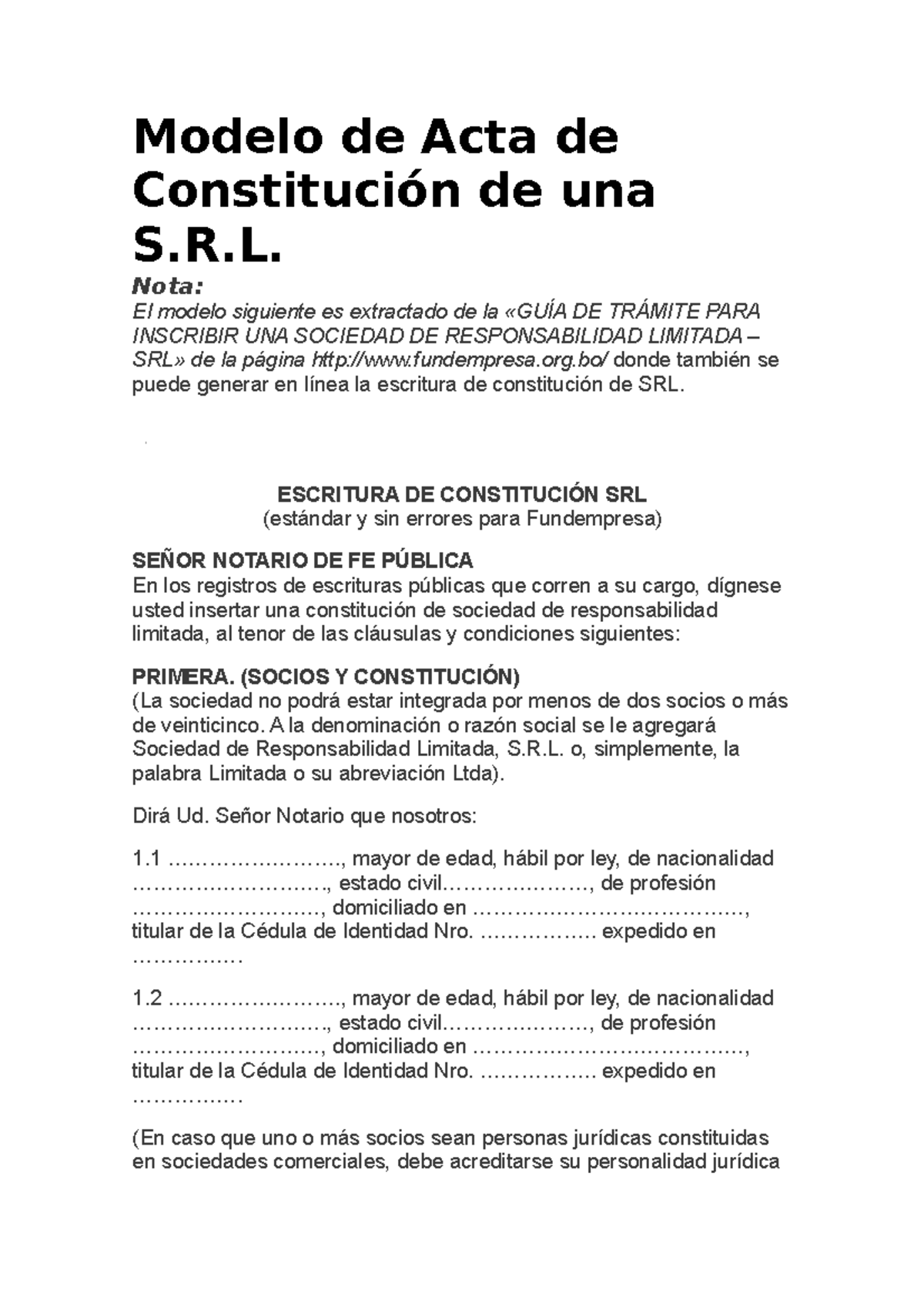 Modelo De Constitución En Blanco Asociación Civil Constitución