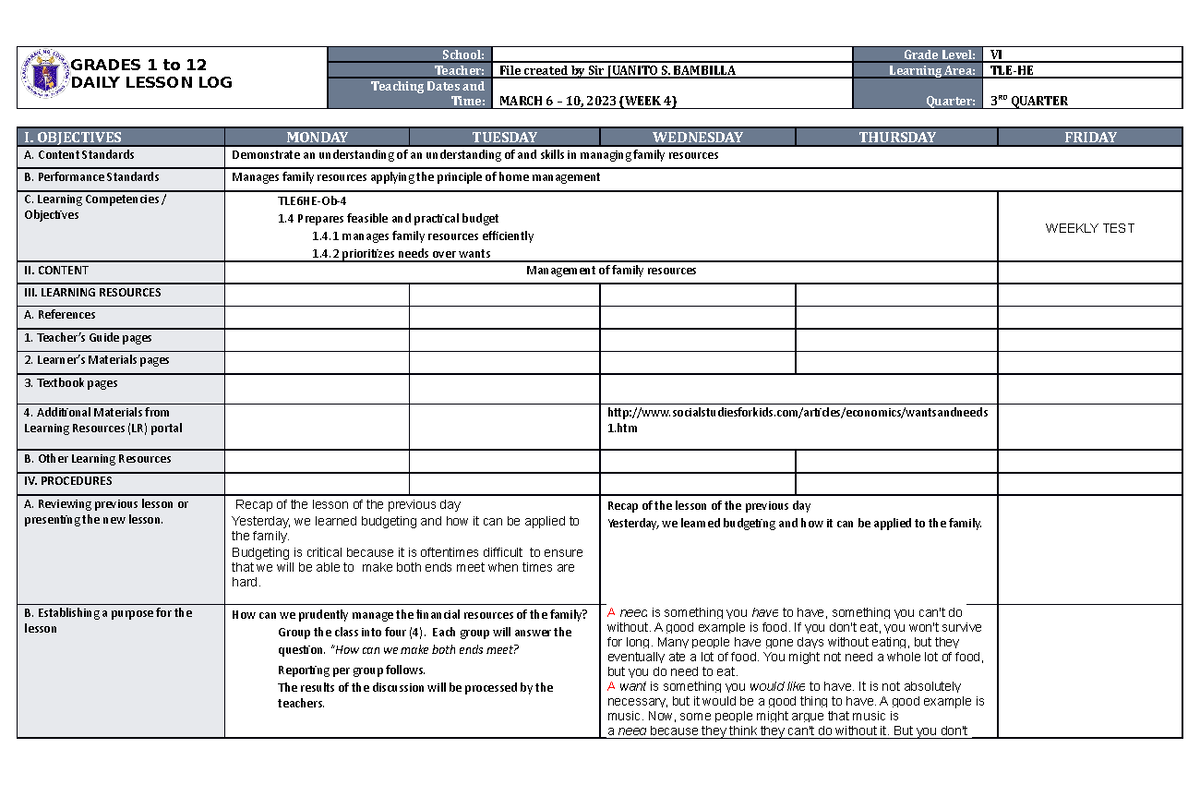 DLL TLE-HE 6 Q3 W4 - DLL TLE-HE - GRADES 1 to 12 DAILY LESSON LOG ...