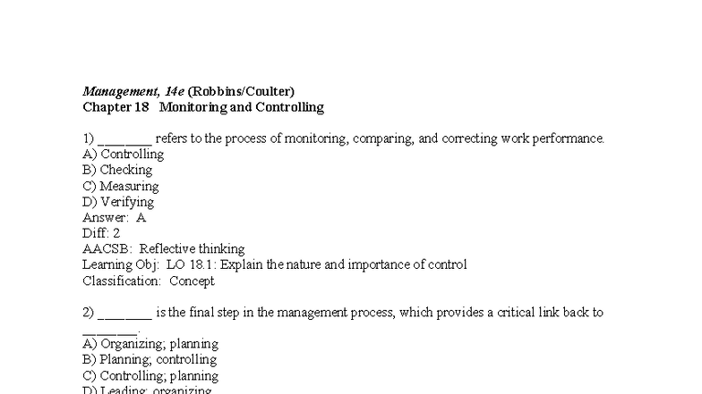 Management 14e Chapter 18: Monitoring and Controlling Concepts - Studocu