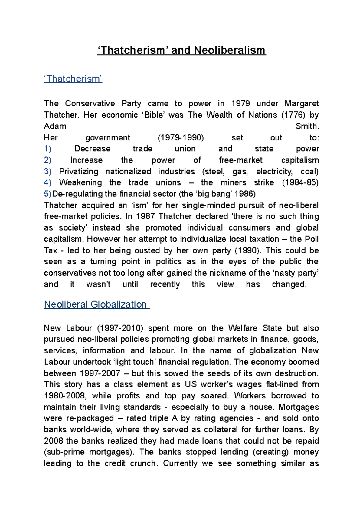 Thatcherism and Neoliberalism - ‘Thatcherism’ and Neoliberalism ...