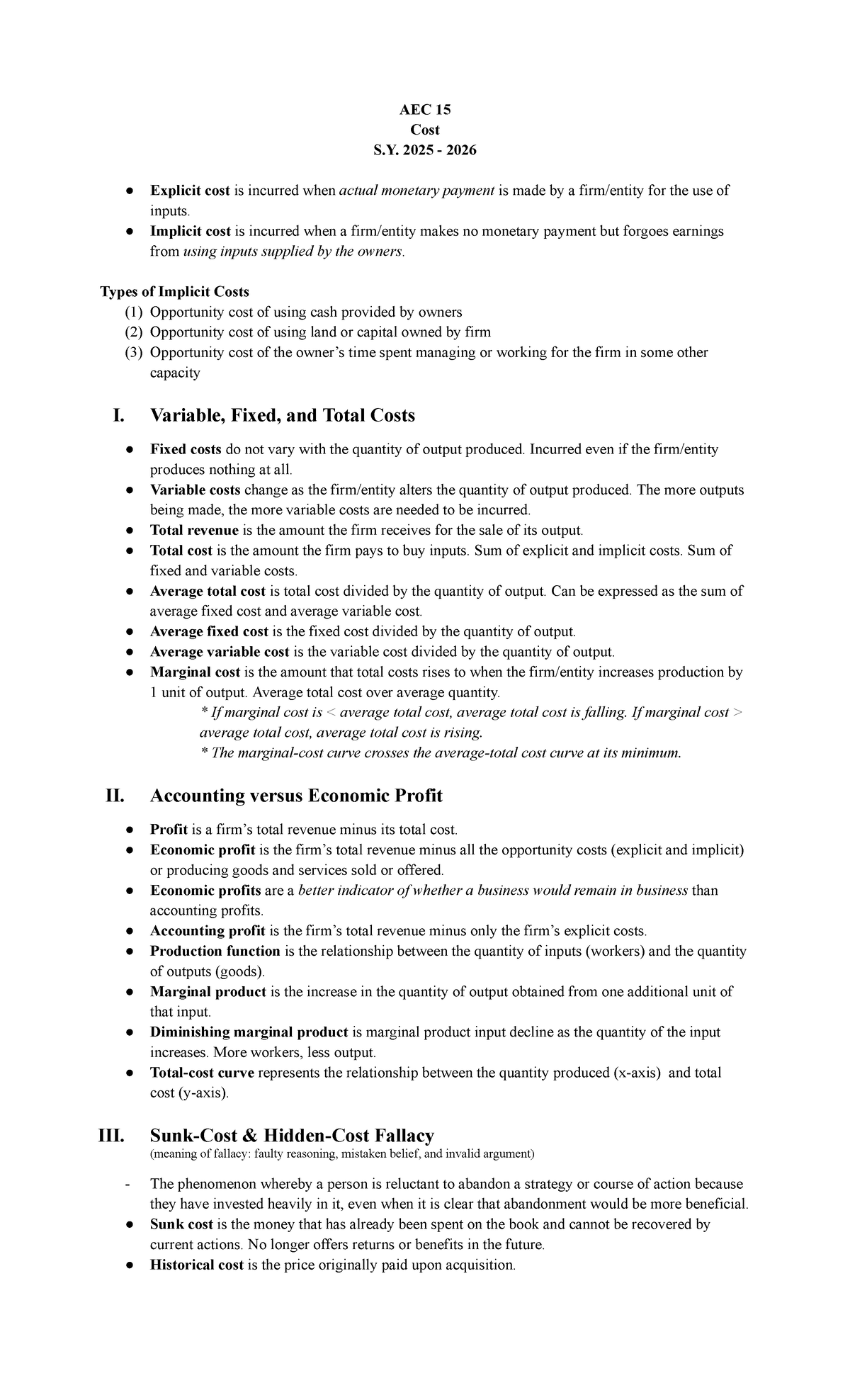 AEC 15 - Cost - Detailed Notes on Explicit and Implicit Costs - Studocu