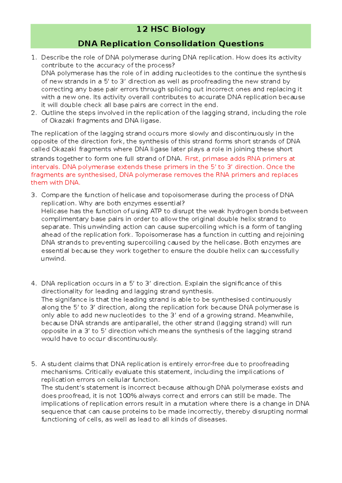 HSC Biology: DNA Replication Worksheet & Consolidation Questions - Studocu
