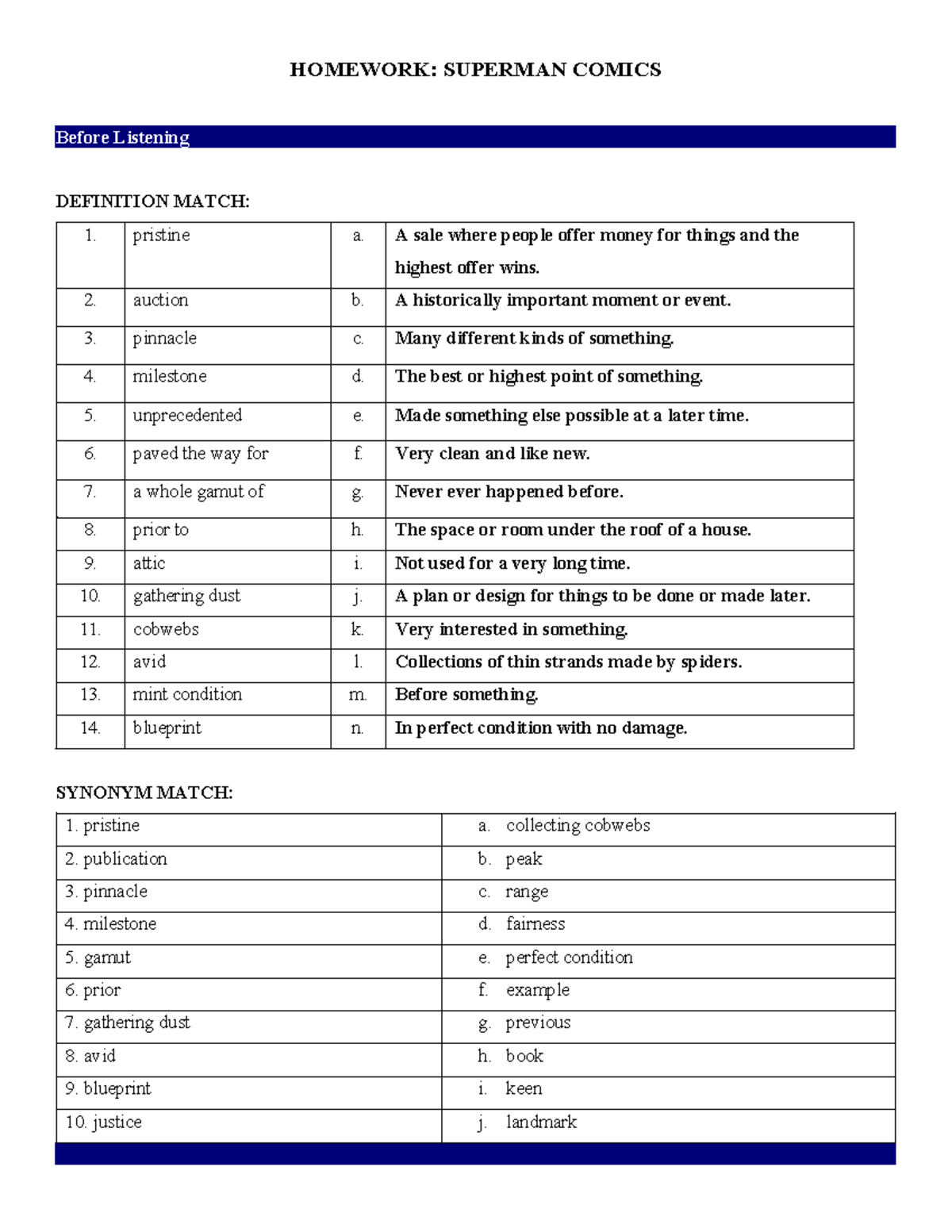 Homework: Superman Comics Vocabulary & Listening Exercises - Studocu