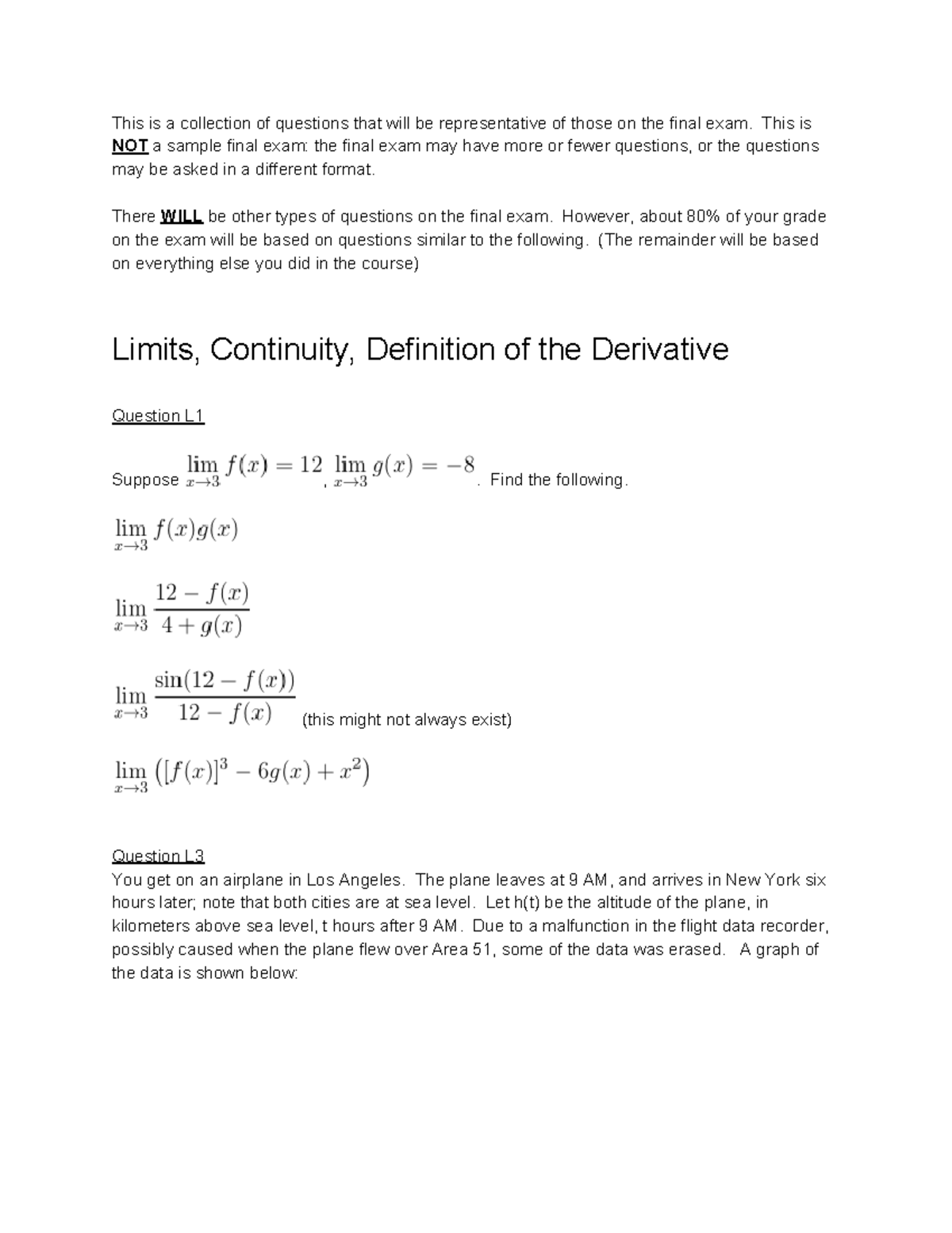 Study Guide for Final Exam: MATH 1201 - Limits, Derivatives ...