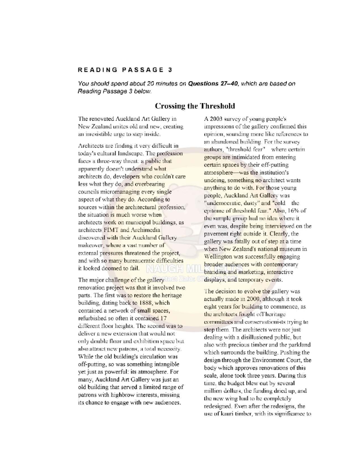 Reading Passage 3: Renovation of Auckland Art Gallery Insights - Studocu