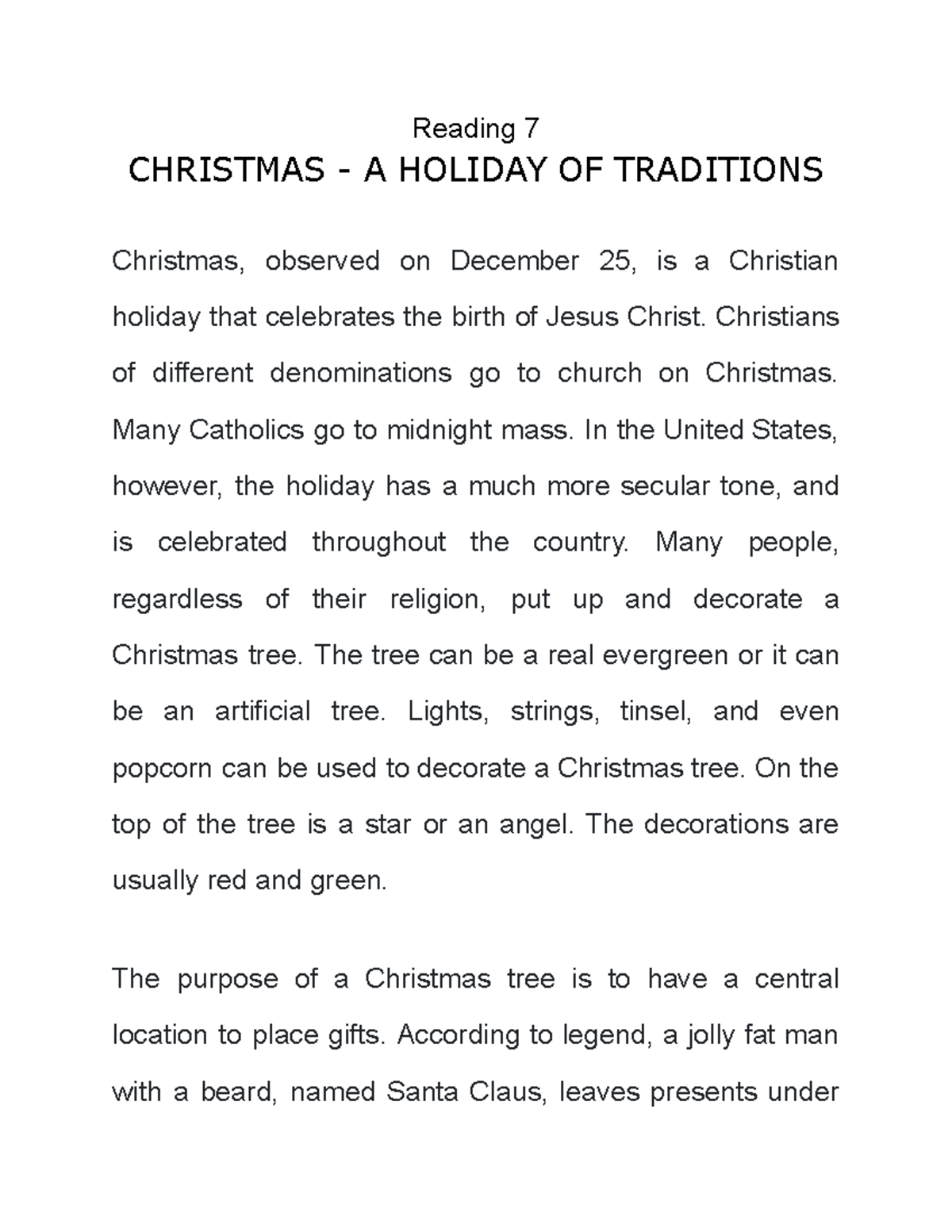 Reading 7 - Reading 7 CHRISTMAS - A HOLIDAY OF TRADITIONS Christmas ...