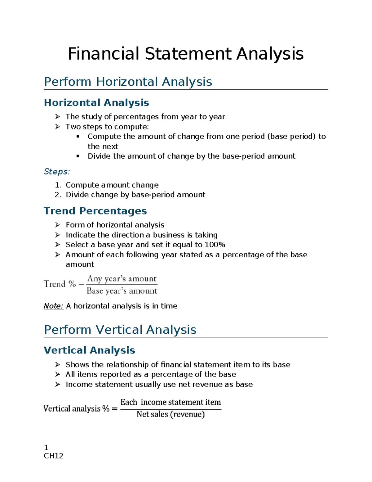CH12 - Financial Statement Analysis Summary: Horizontal & Vertical Analysis - Studocu