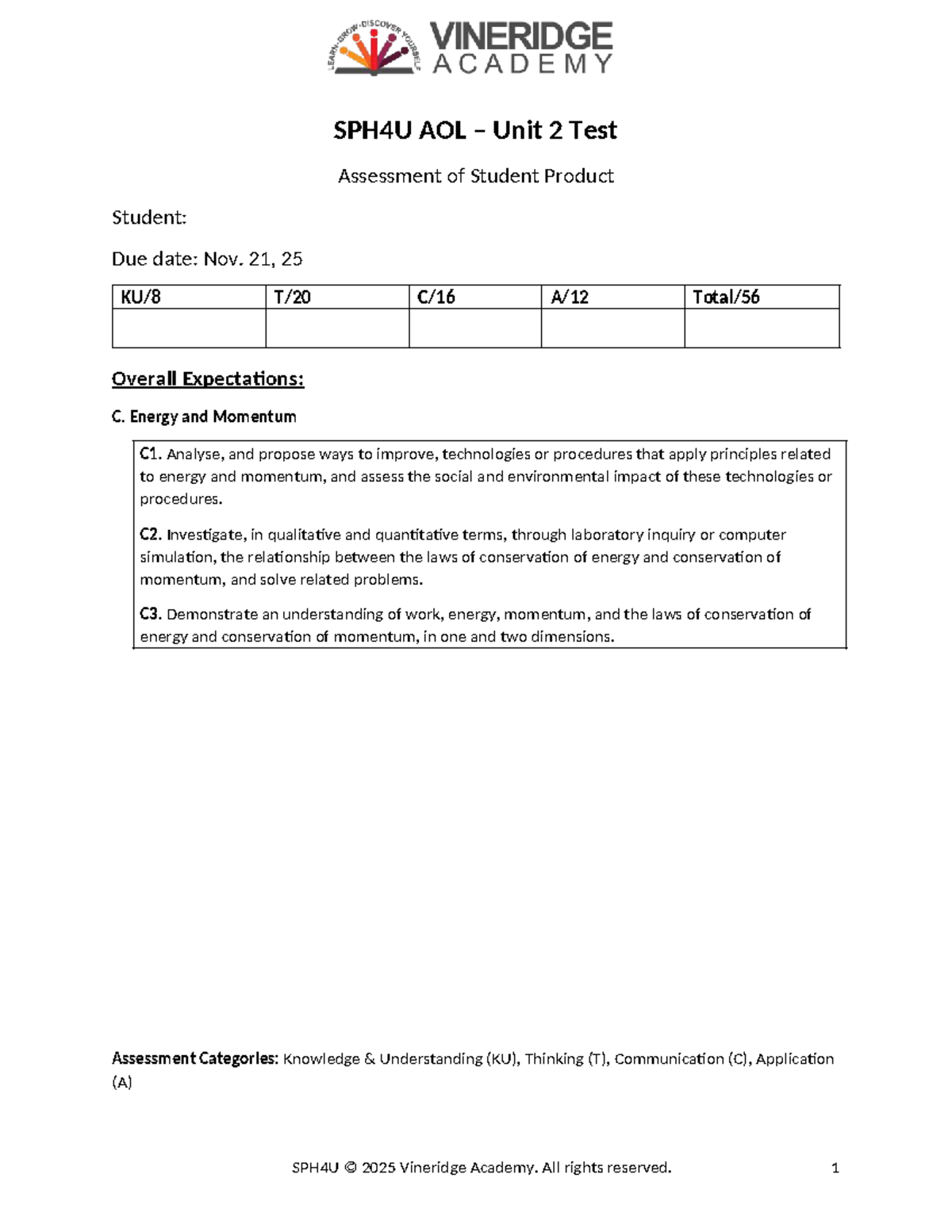 SPH4U Unit 2 Test: Energy and Momentum Assessment Guide - Studocu