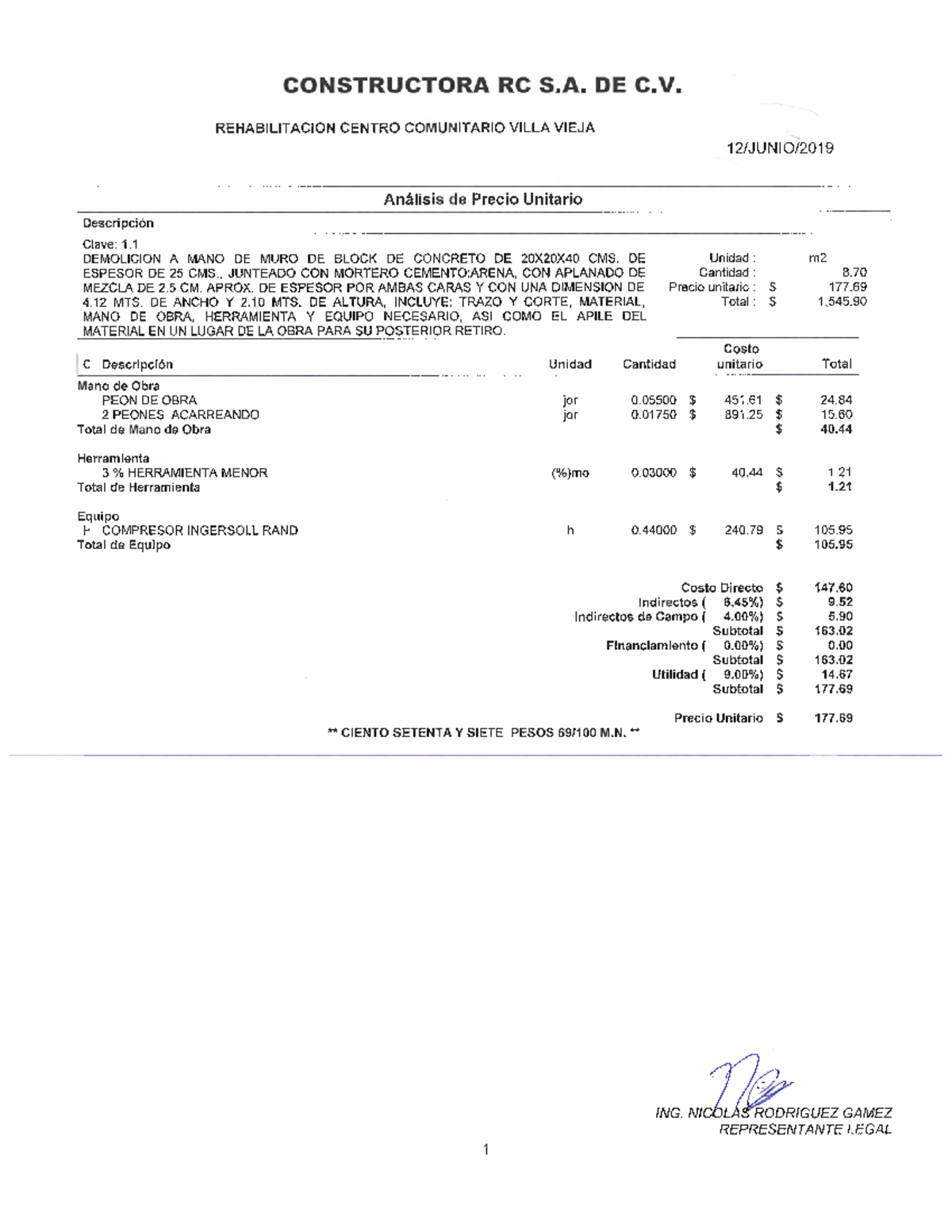 Analisis DE Precios UNI - CONSTRUCTORA RC S. DE C. REHABILITACION CENTRO COMUNITARIO VILLA VIEJA ...