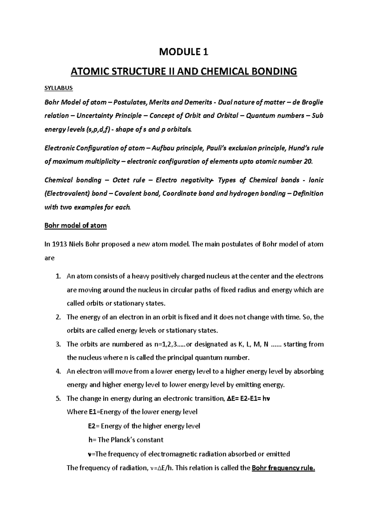 Bohr Model Postulates - Lecture Notes (Atomic Structure II) - Studocu