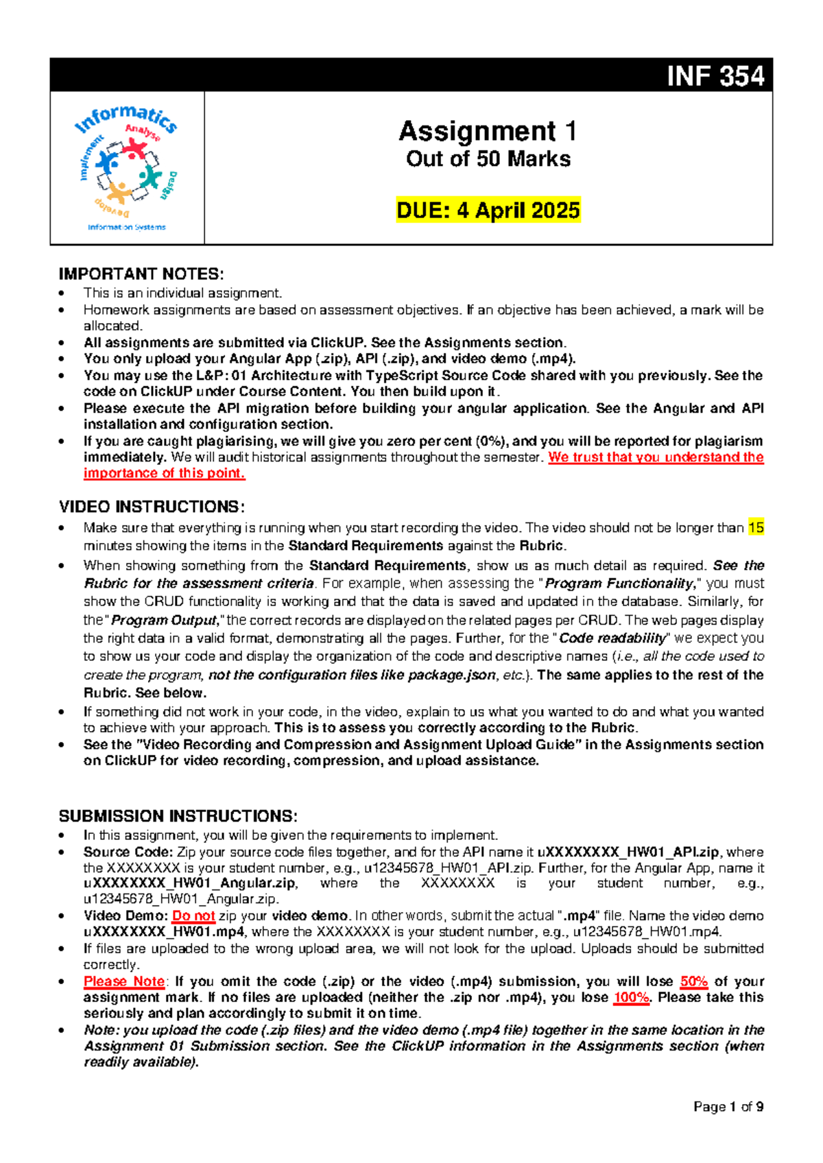 2025 INF 354 Assignment 01 Guidelines and Submission Details - Studocu