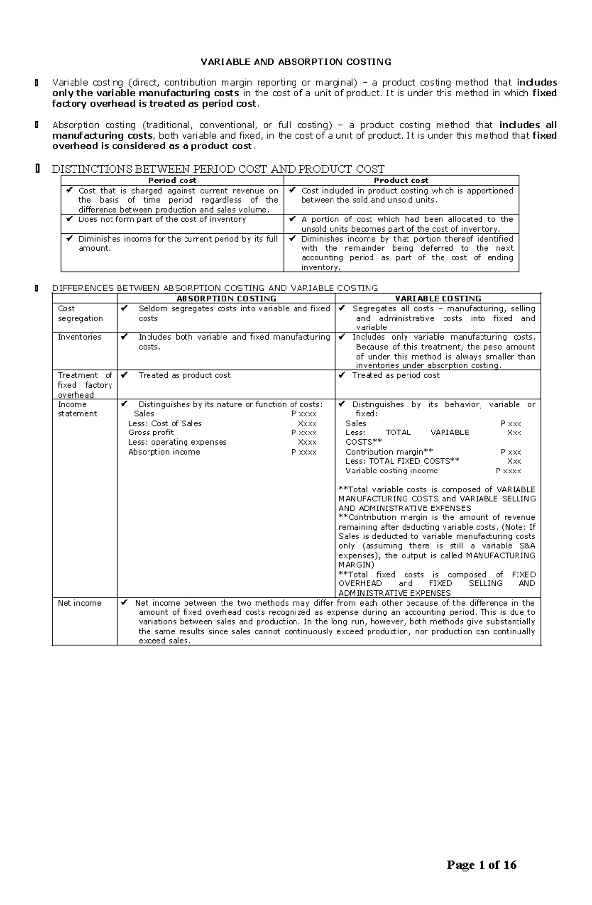 Variable and Absorption Costing: Key Concepts and Differences (ACCT 101 ...