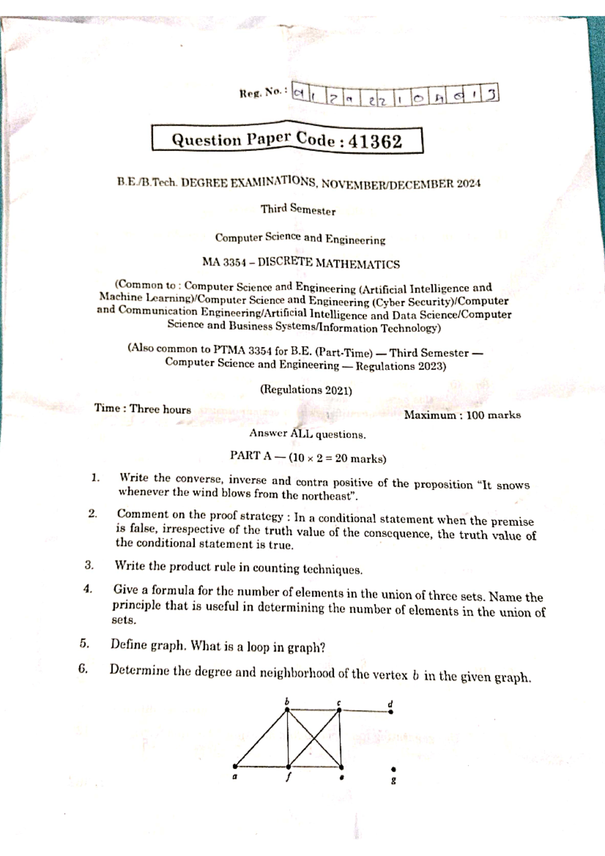MA3354 Discrete Mathematics - Reg. No.: 912922104013 Question Paper ...