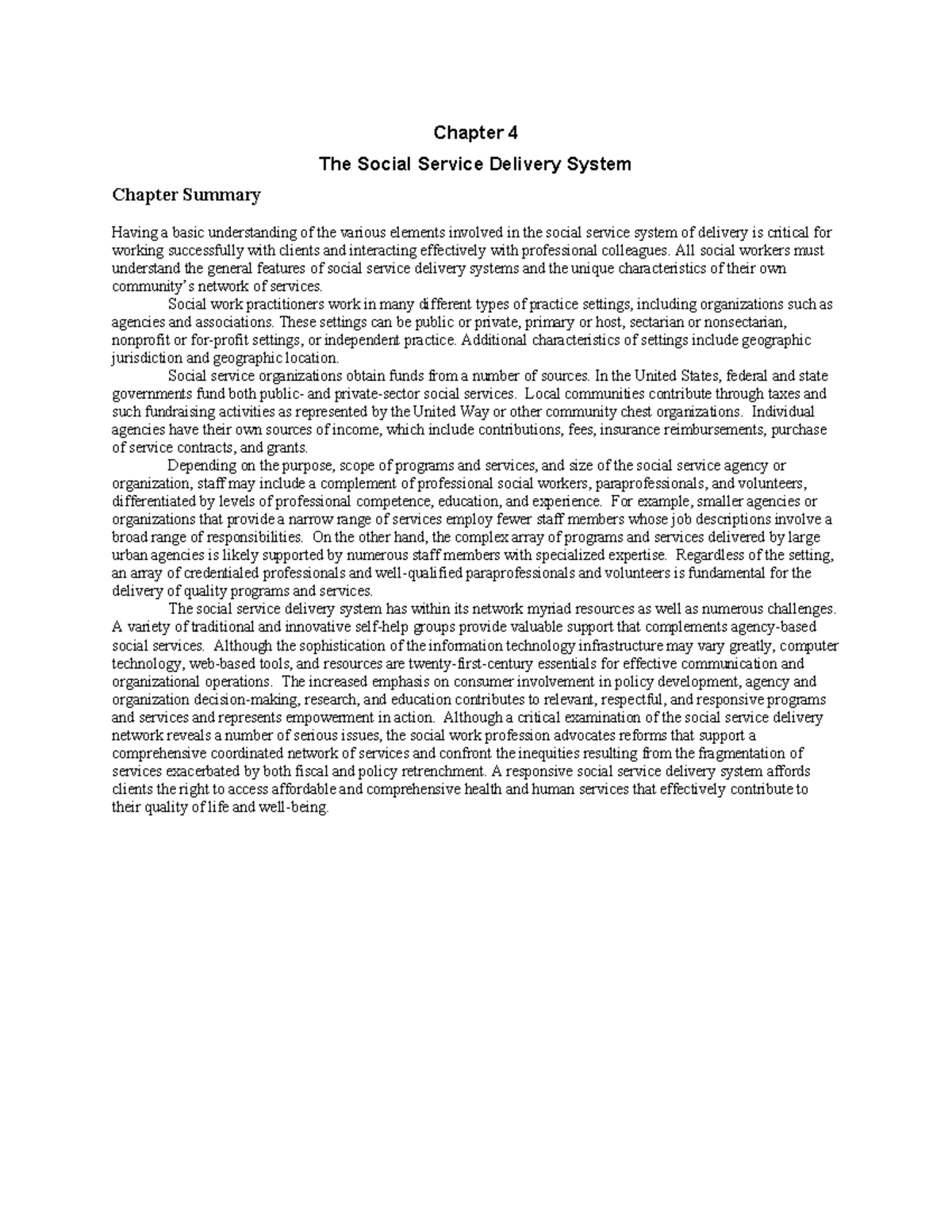 Chapter 4 Summary: Understanding the Social Service Delivery System ...