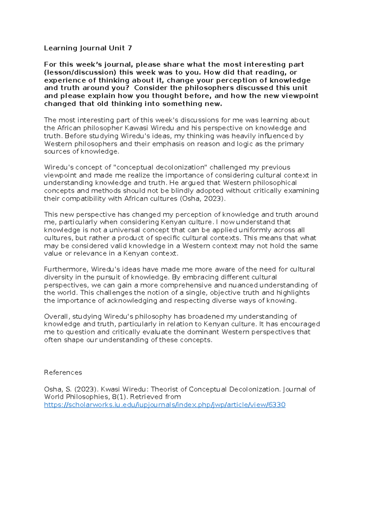 PHIL1402 Learning Journal Insights on Wiredu's Philosophy - Studocu