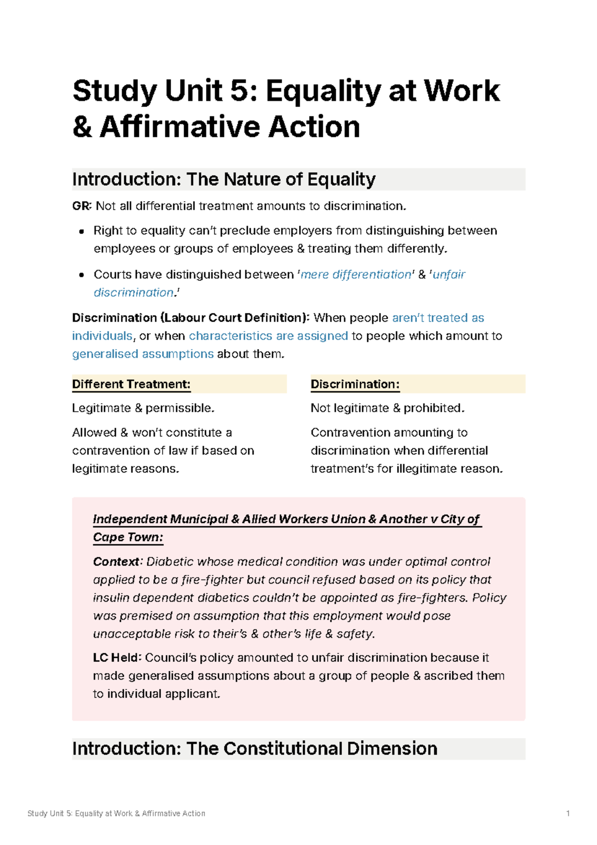 Study Unit 5: Summary of Equality & Affirmative Action in Law@Work ...
