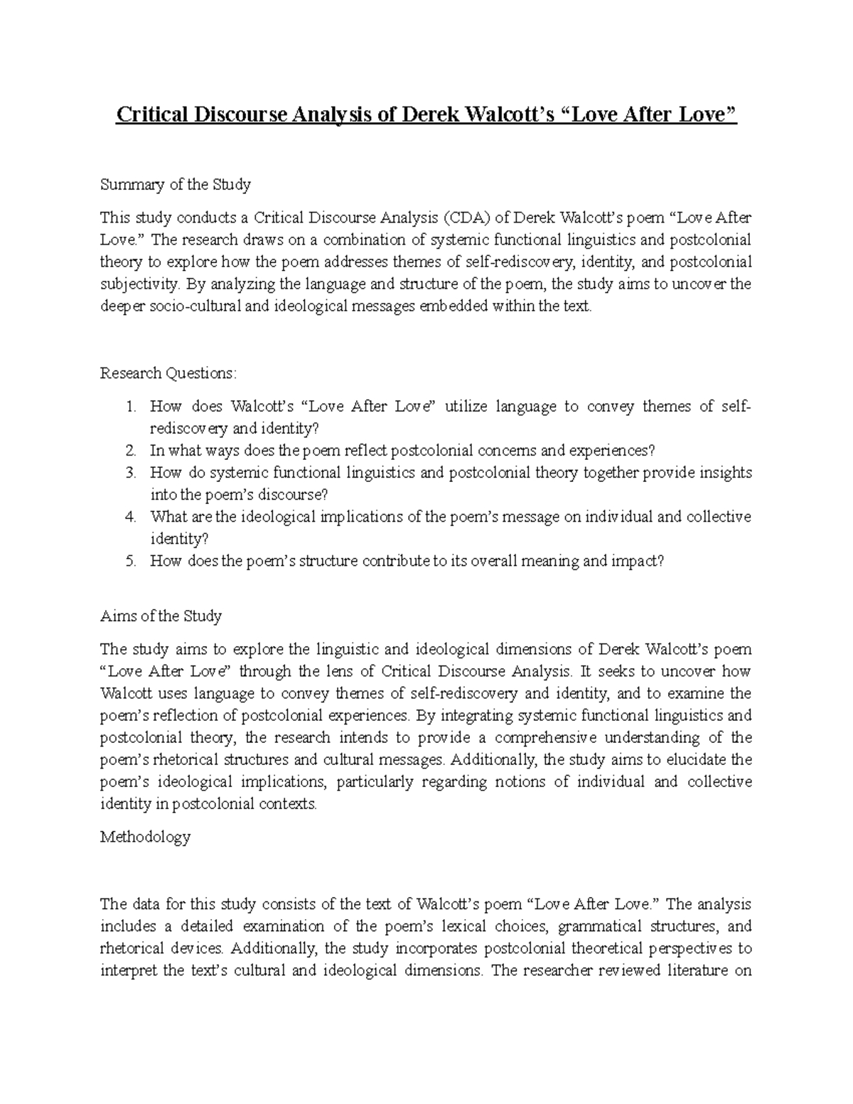 CDA Study of Derek Walcott's Poem "Love After Love" Analysis - Studocu