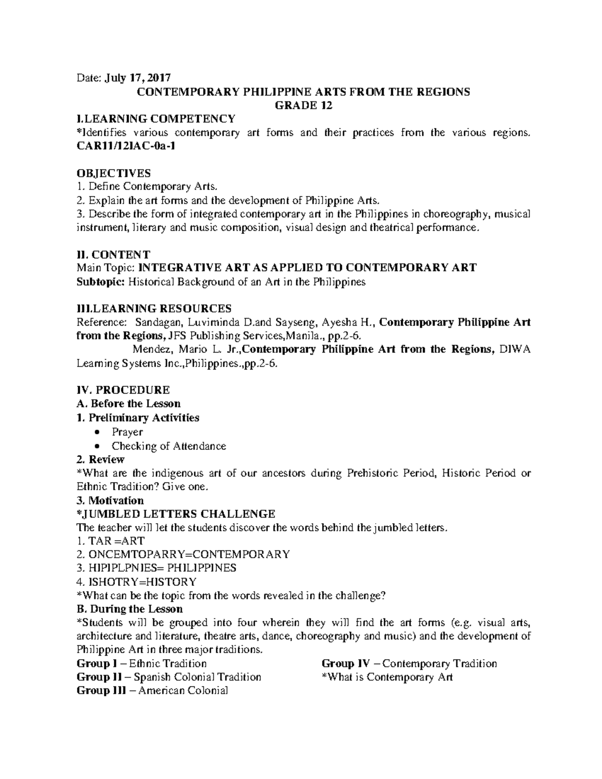 Lesson Plan: Contemporary Philippine Arts - Grade 12 Overview - Studocu