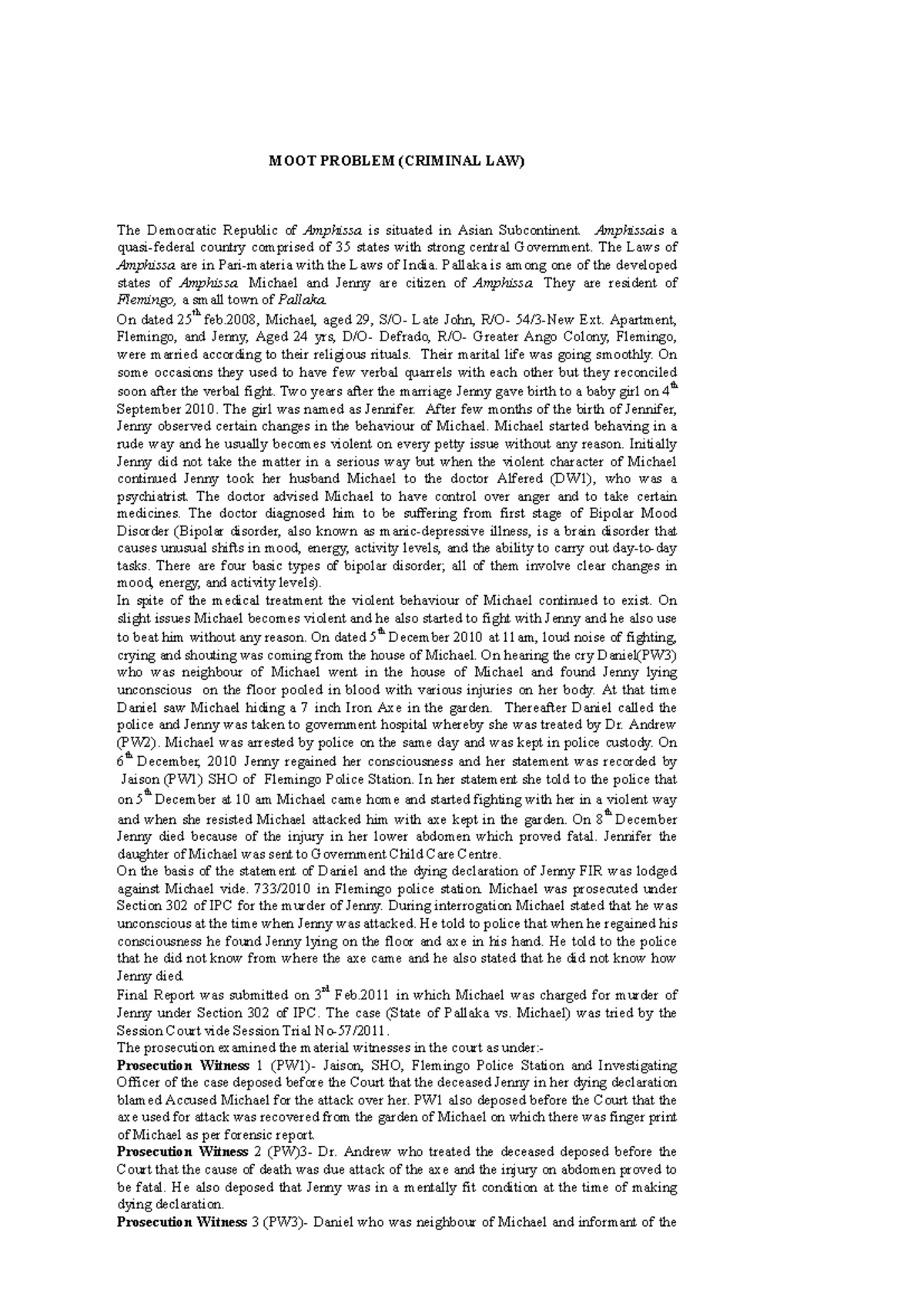 Moot Court Problem: Criminal Law Case of State vs. Michael - Studocu