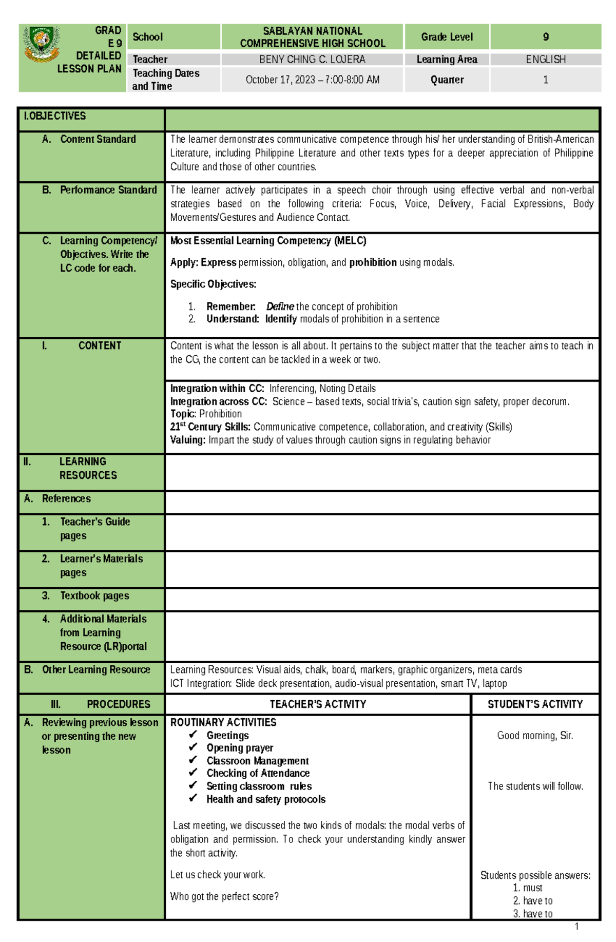 CO1-2023-2024 - DETAILED LESSON PLAN ON PROHIBITION FOR GRADE 9 - Studocu