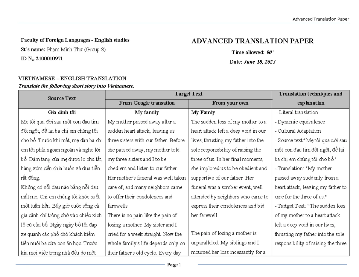 Advanced Translation Paper - W2: Vietnamese to English Insights - Studocu