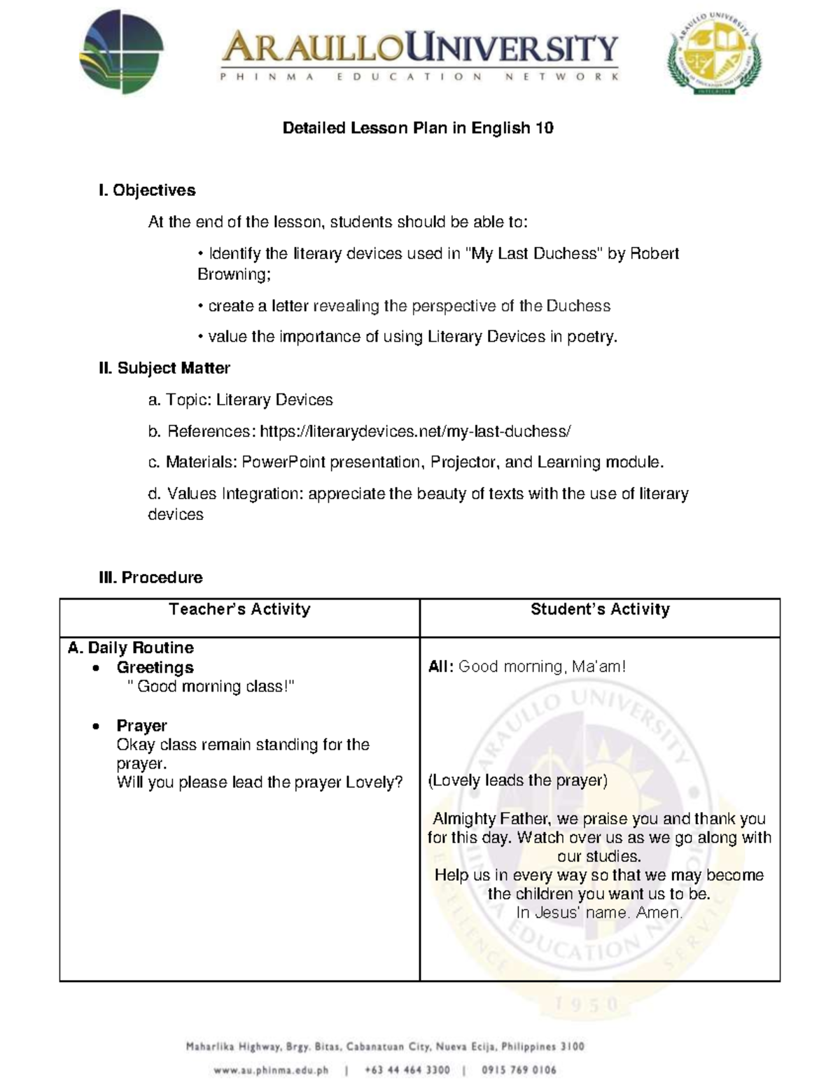 English 10 Detailed Lesson Plan: Exploring Literary Devices - Studocu