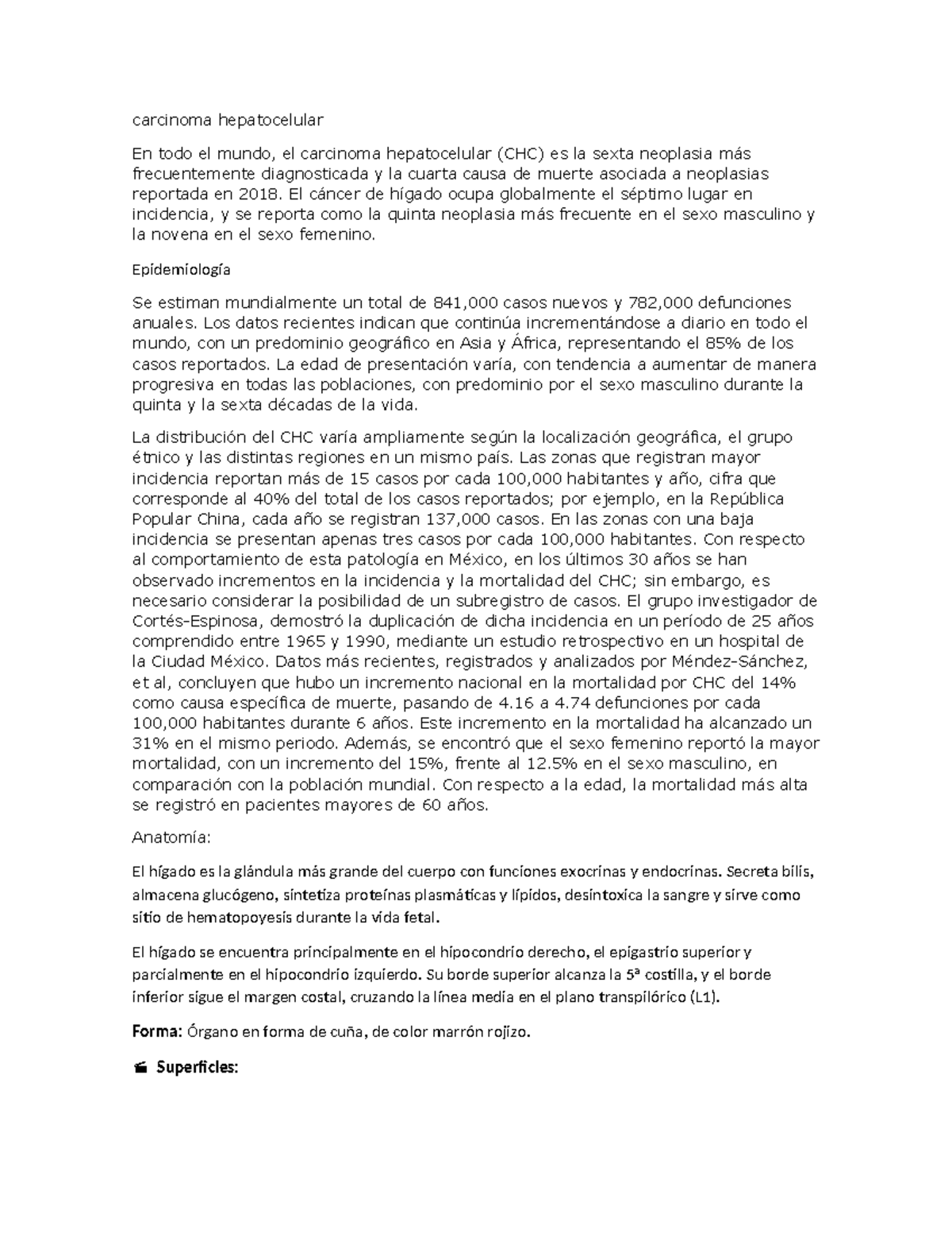 Guion Onco: Carcinoma Hepatocelular y su Epidemiología - Studocu