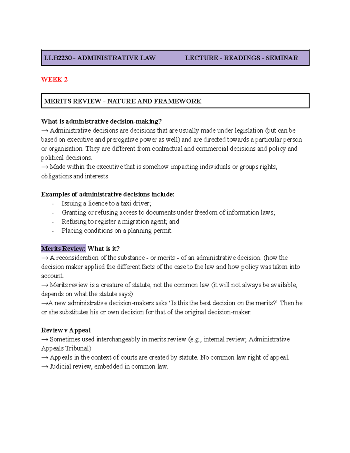 LLB2230 ADMINISTRATIVE LAW SEMINAR WEEK 2: MERITS REVIEW FRAMEWORK ...