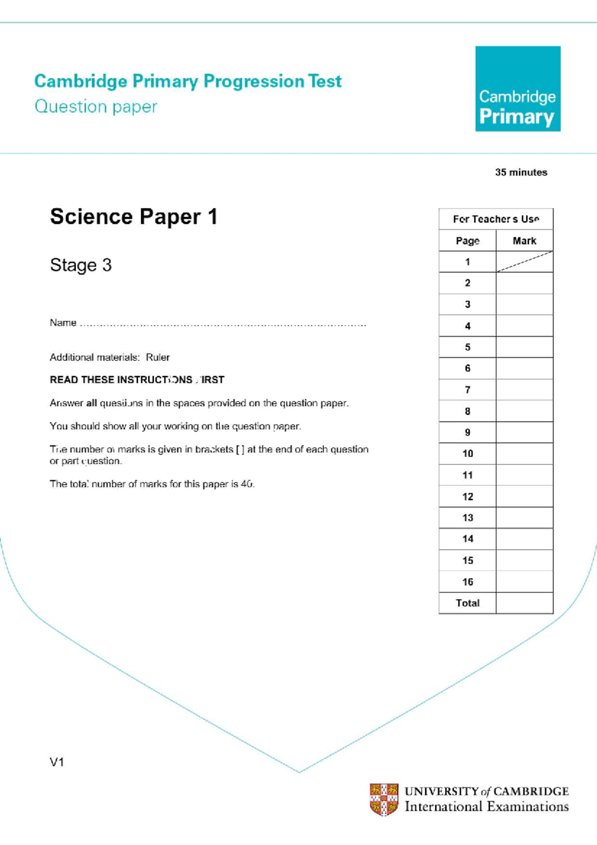 Cambridge Primary Science Stage 3 Progression Test Paper 1 - Studocu