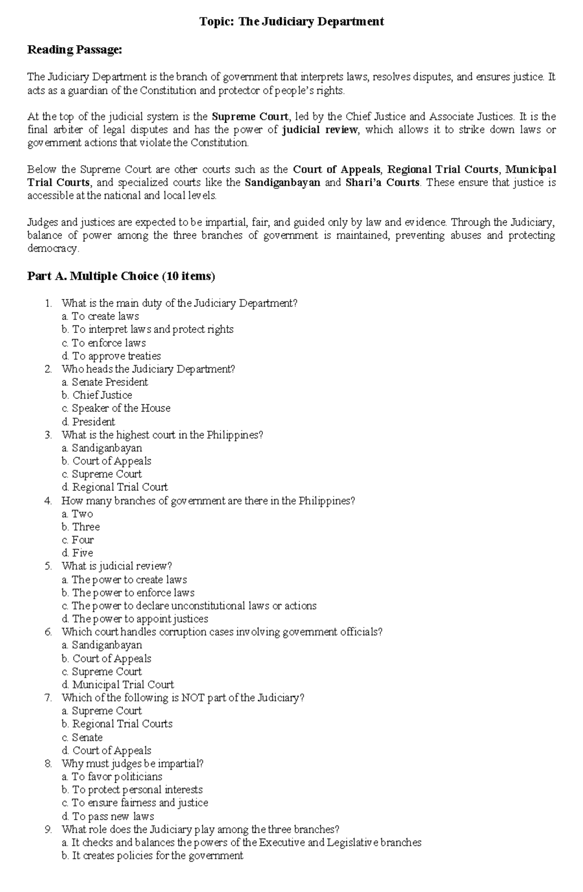 Worksheet 1 - POLGOV: Understanding the Judiciary Department - Studocu
