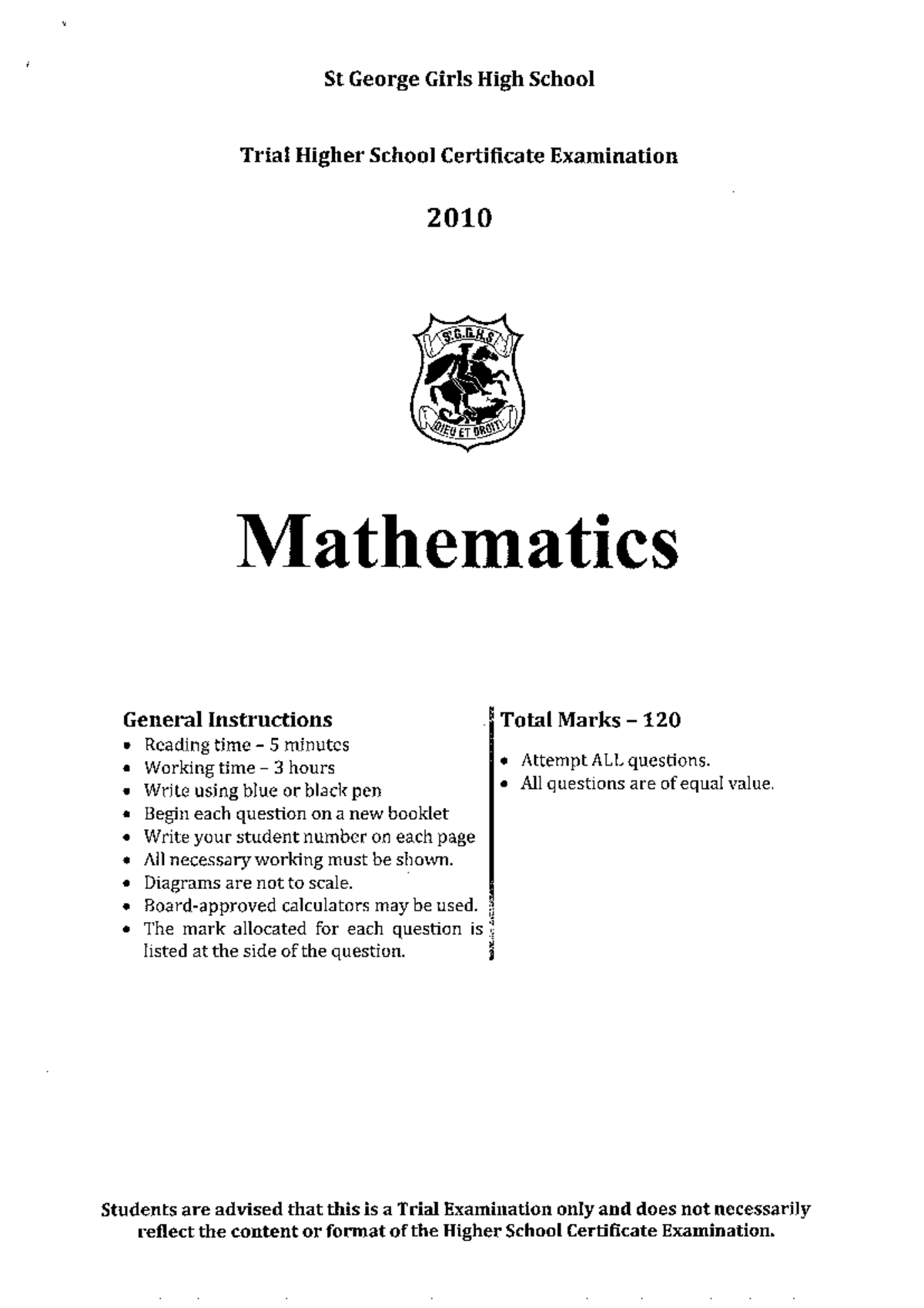 St George Girls High School 2010 2U Trial HSC Mathematics Exam - Studocu