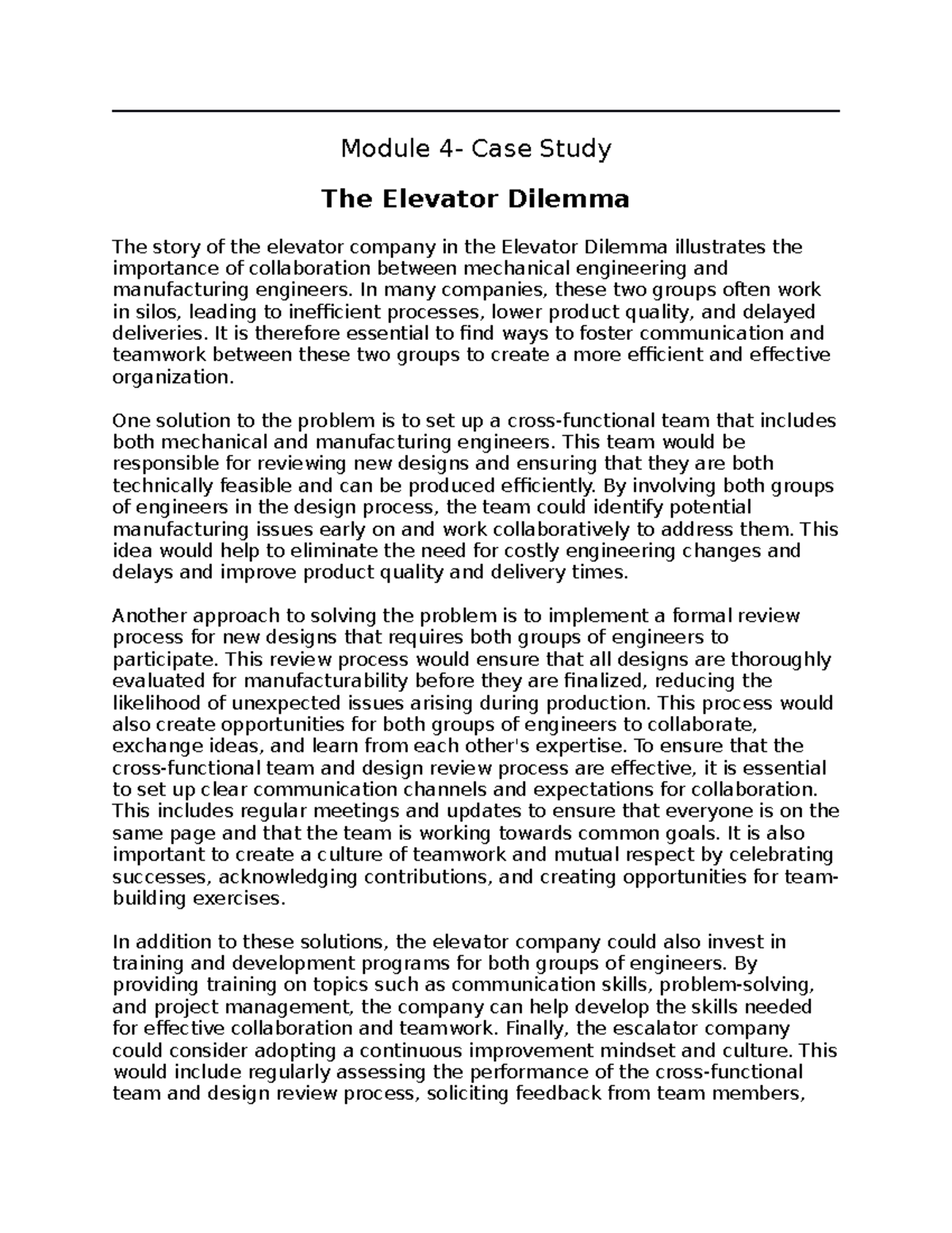 The elevator dilemma - case study - Module 4- Case Study The Elevator ...