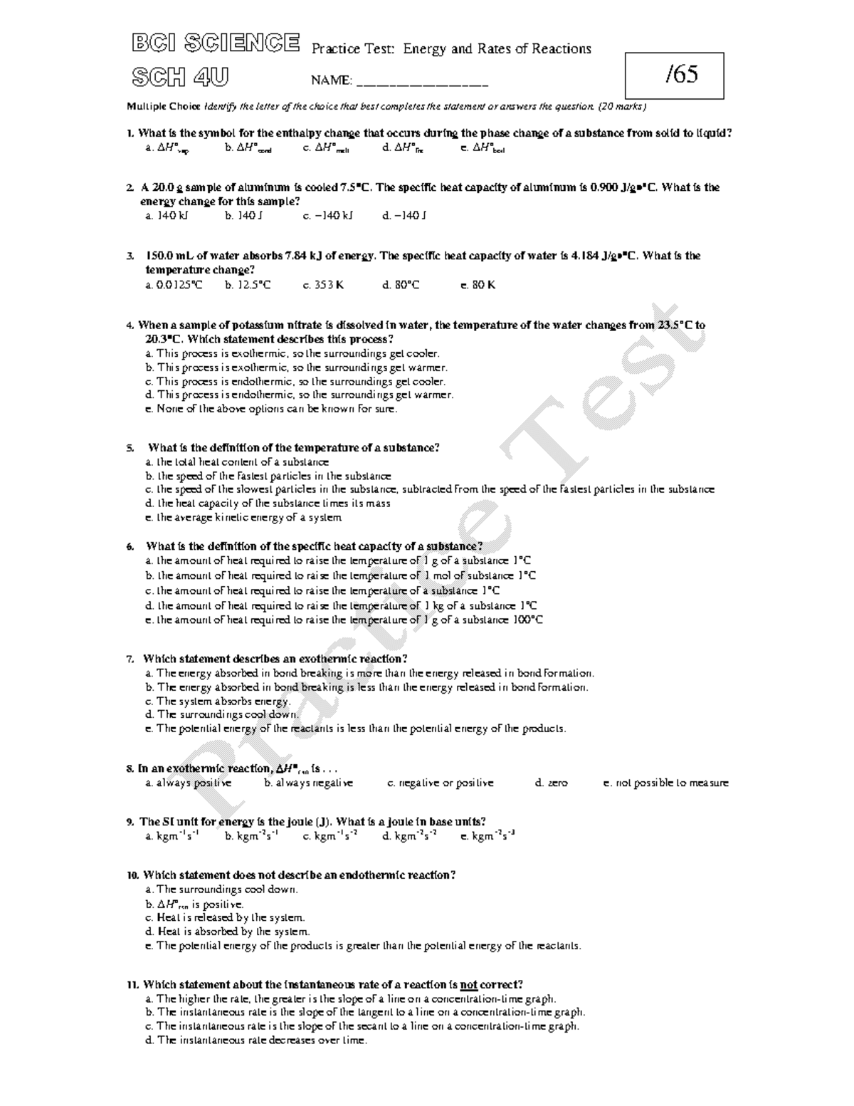 CHEM 101: UNIT 1 Practice Test on Energy and Reaction Rates - Studocu