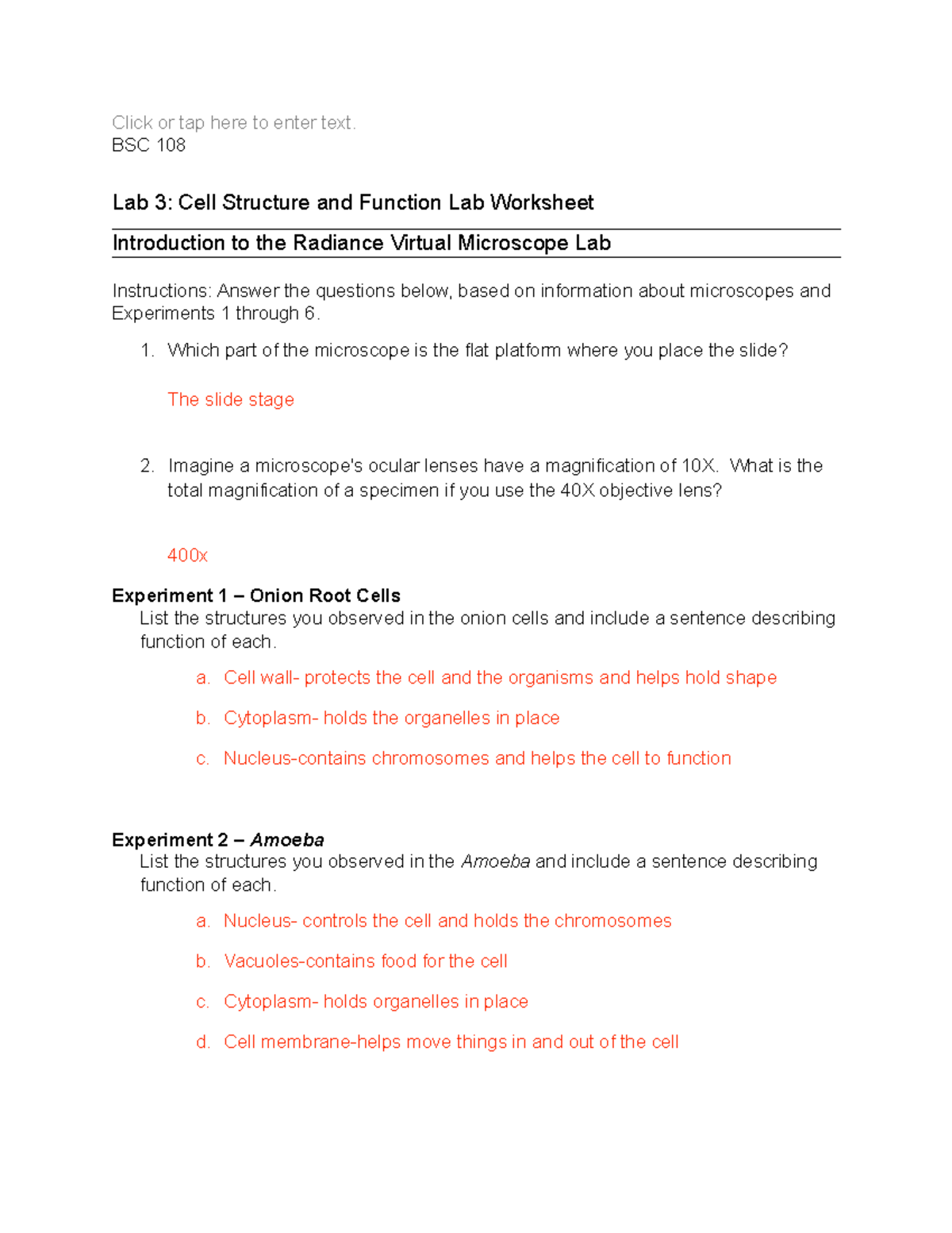 BSC 108 Lab 3: Cell Structure & Function Worksheet - Studocu