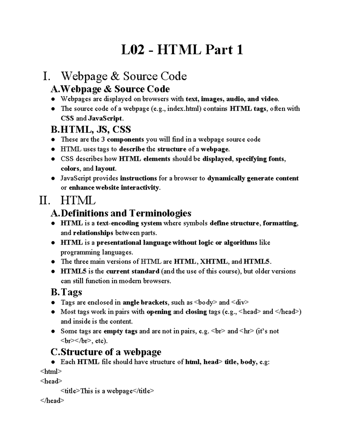 L02 - HTML Part 1 - Lecture Notes on Webpage Source Code - Studocu