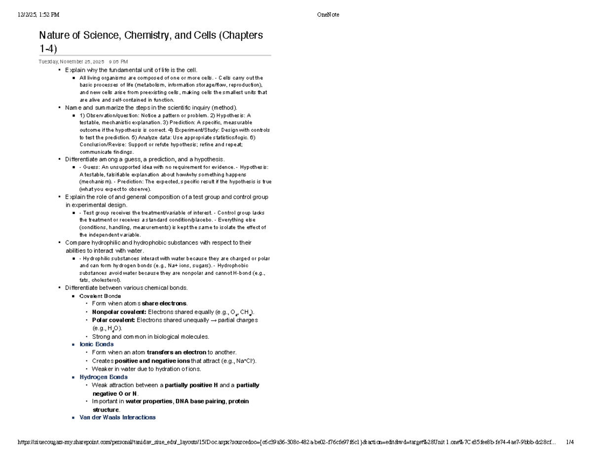Nature of Science and Cells: Chapters 1-4 Overview - Studocu