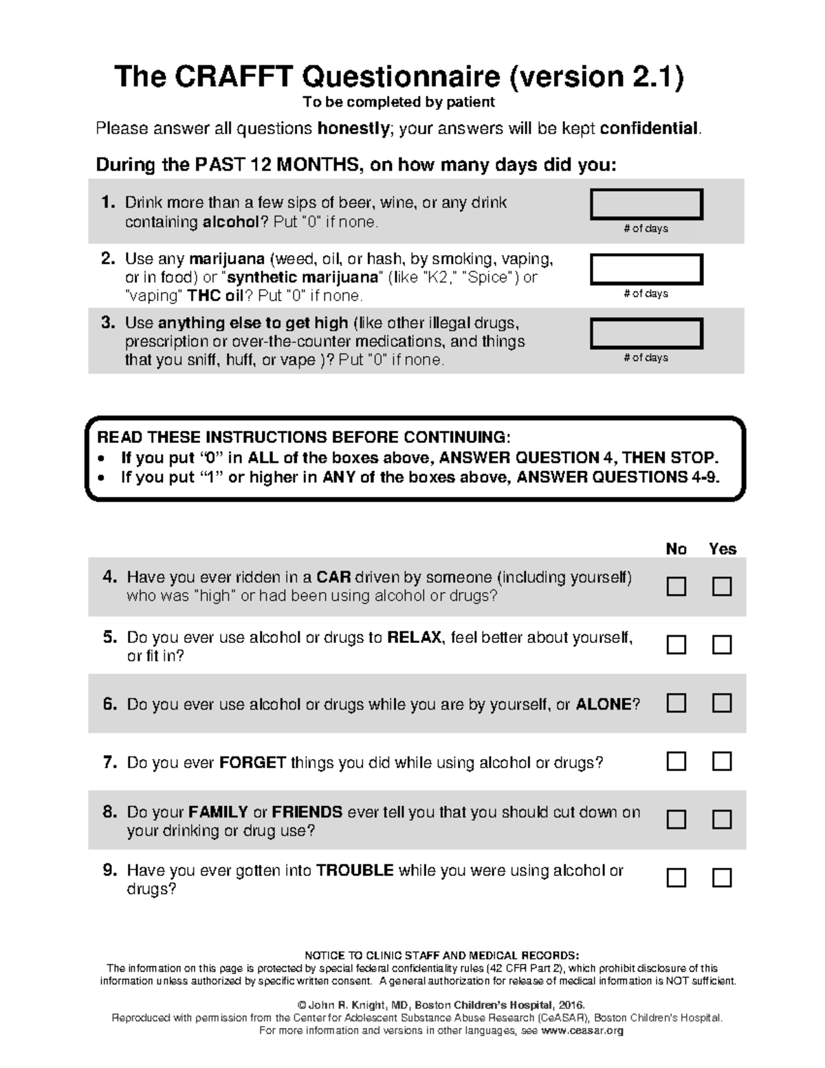 CRAFFT Questionnaire (v2.1) - Self-Administered Patient Form - Studocu
