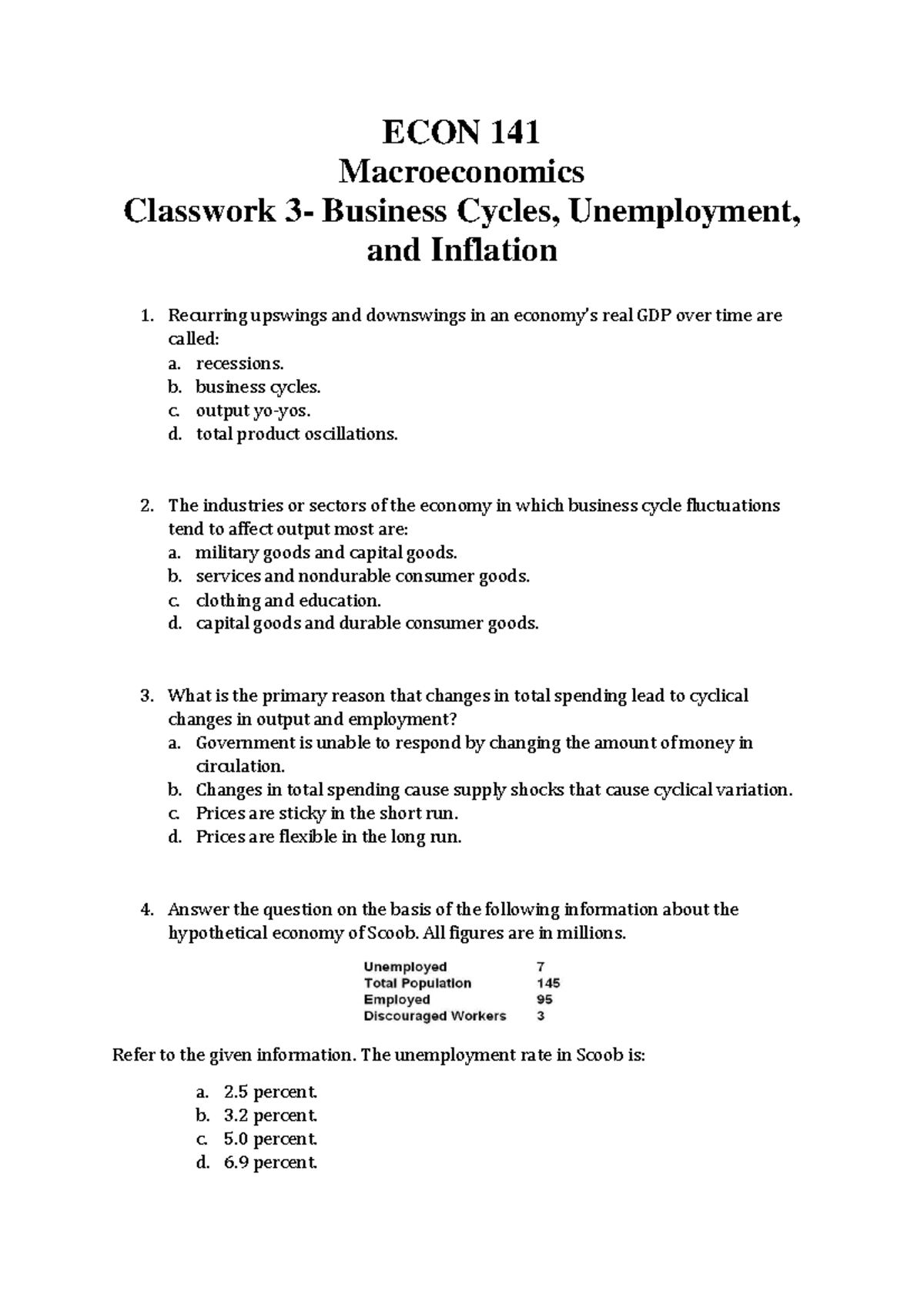 ECON 141 Macroeconomics Classwork: Business Cycles & Unemployment - Studocu