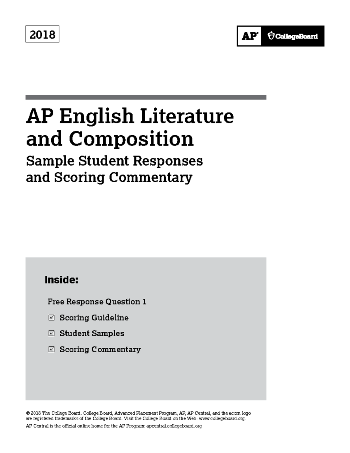 AP18 English Literature Q1 Scoring Commentary and Sample Essays - Studocu