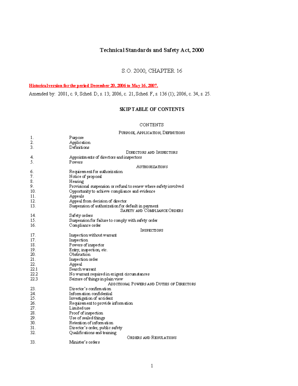 Technical Standards and Safety Act, S.O. CH. 16 (2000) Overview - Studocu