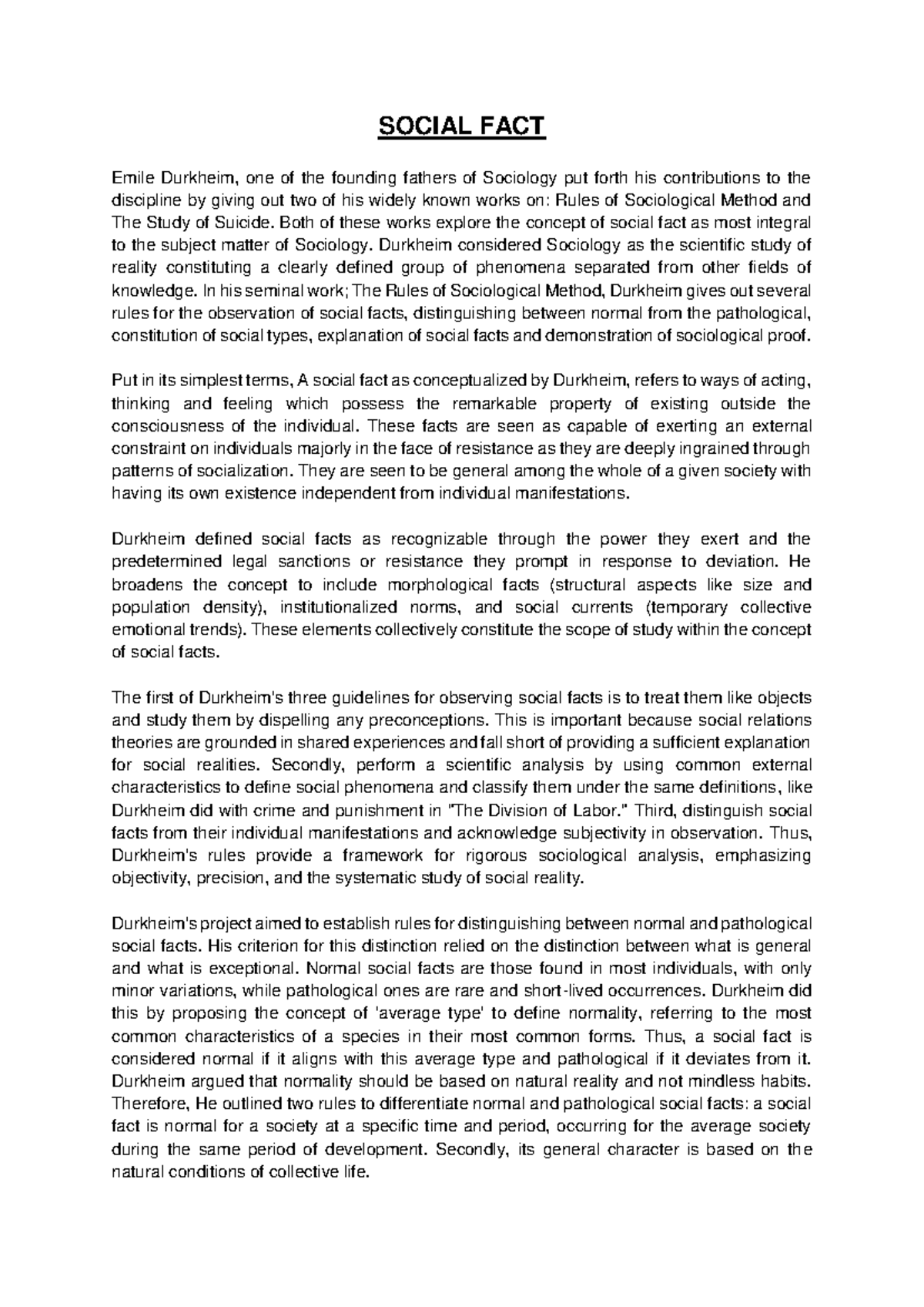 SOC 101: Understanding Social Facts in Durkheim's Sociology - Studocu