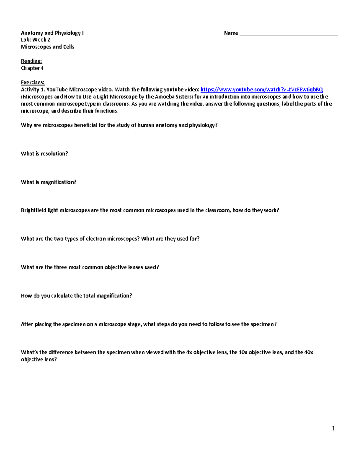 Anatomy and Physiology I Lab: Microscopes, Cells & Mitosis Exercises ...