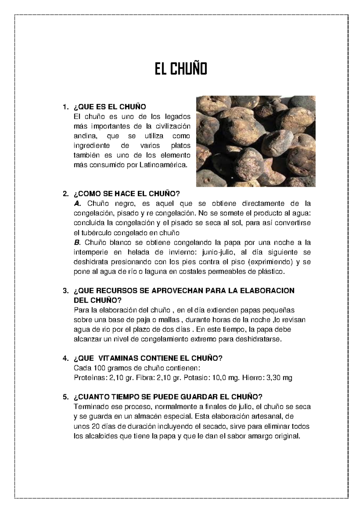 Todo sobre el Chuño: Proceso, Beneficios y Conservación - Studocu