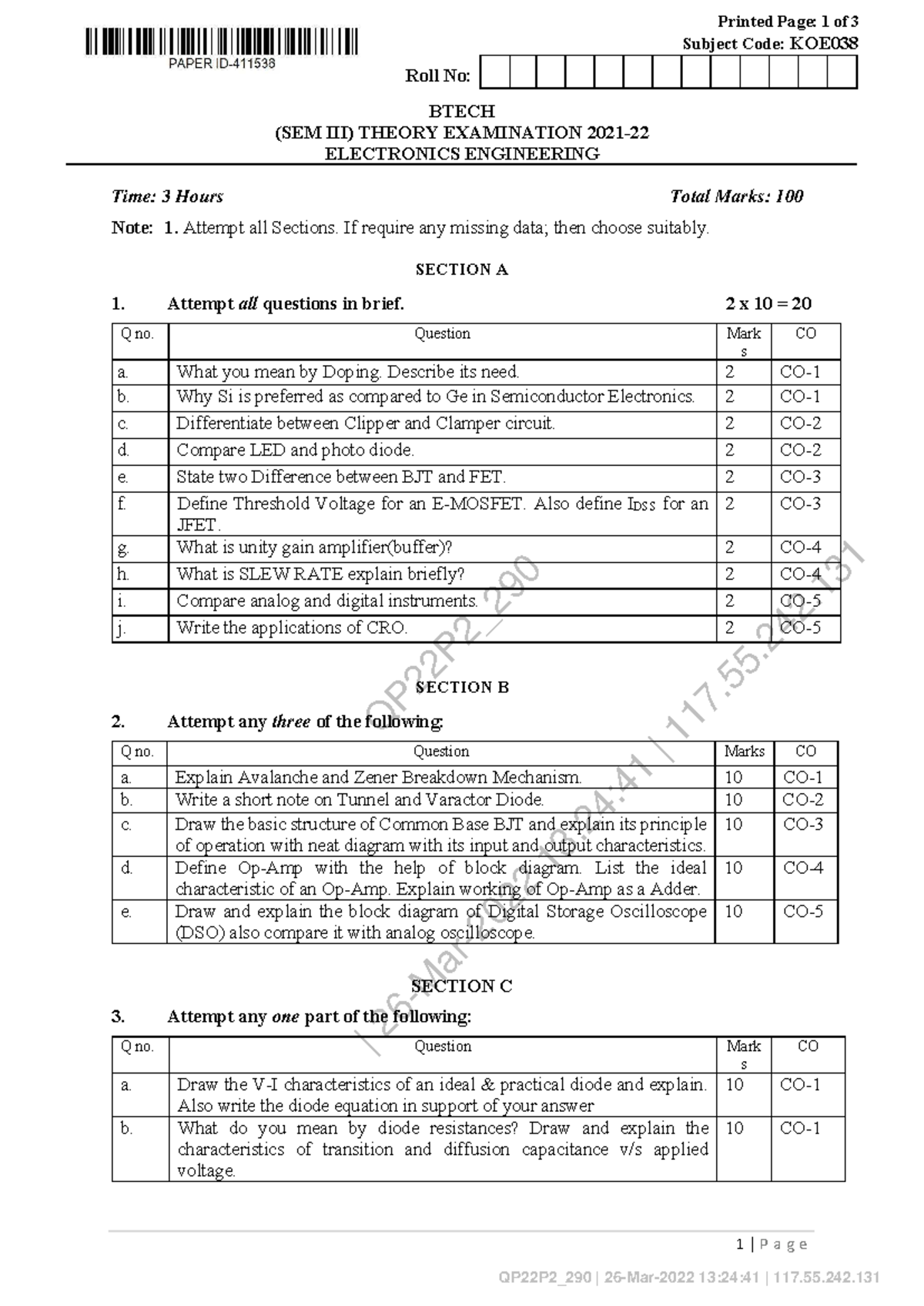 KOE038 BTECH SEM Theory Exam: Electronics Engineering Paper - Studocu