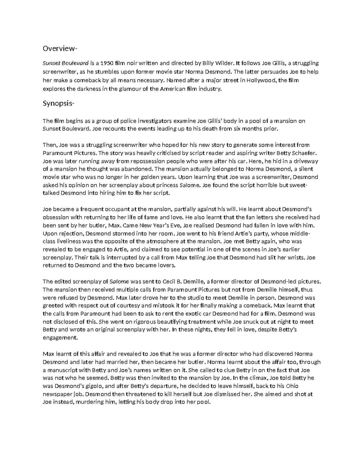 Scene Analysis and Notes on Sunset Boulevard (Film Noir Study) - Studocu