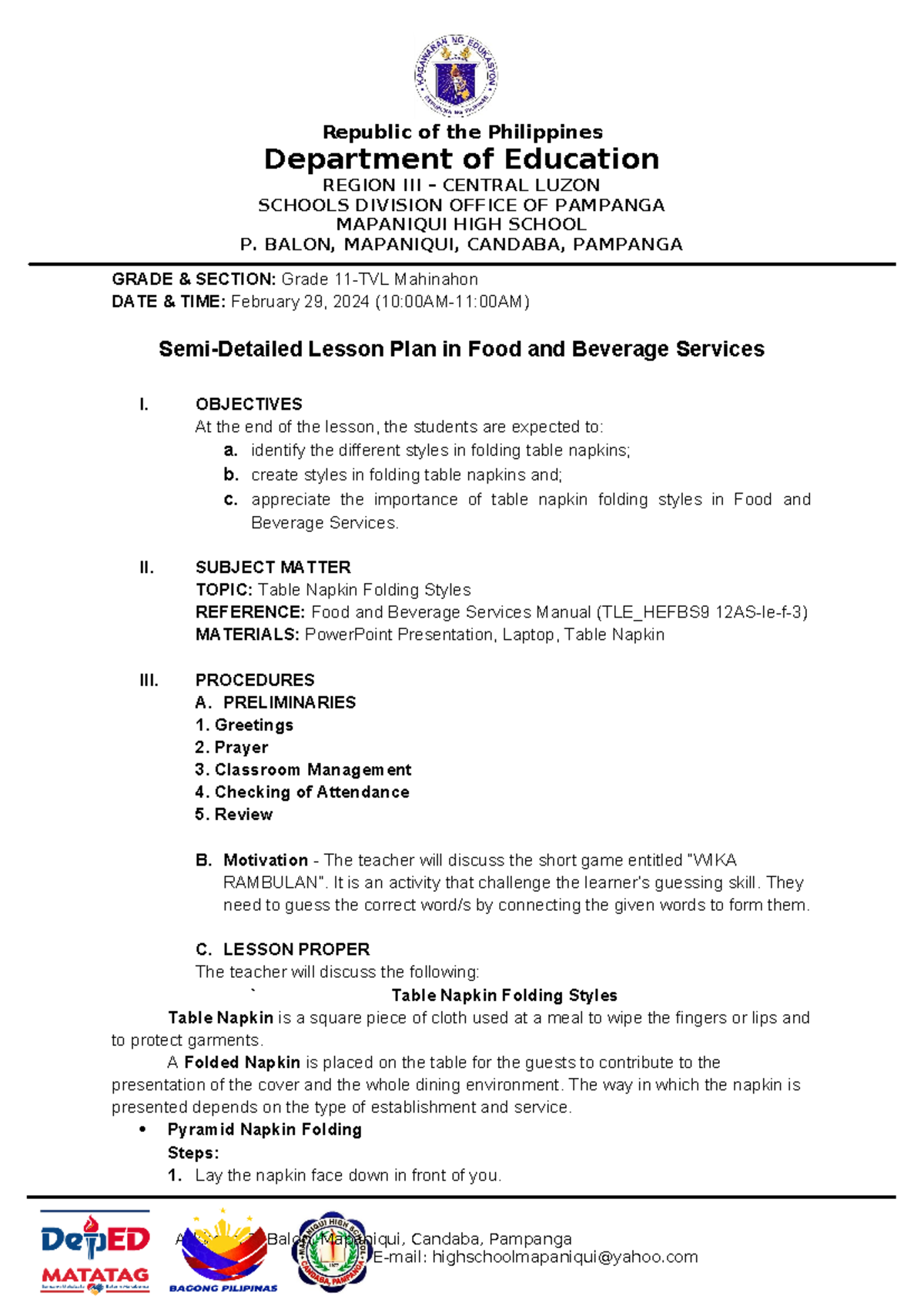 Semi-Detailed Lesson Plan on Table Napkin Folding (TLE_HEFBS9) - Studocu