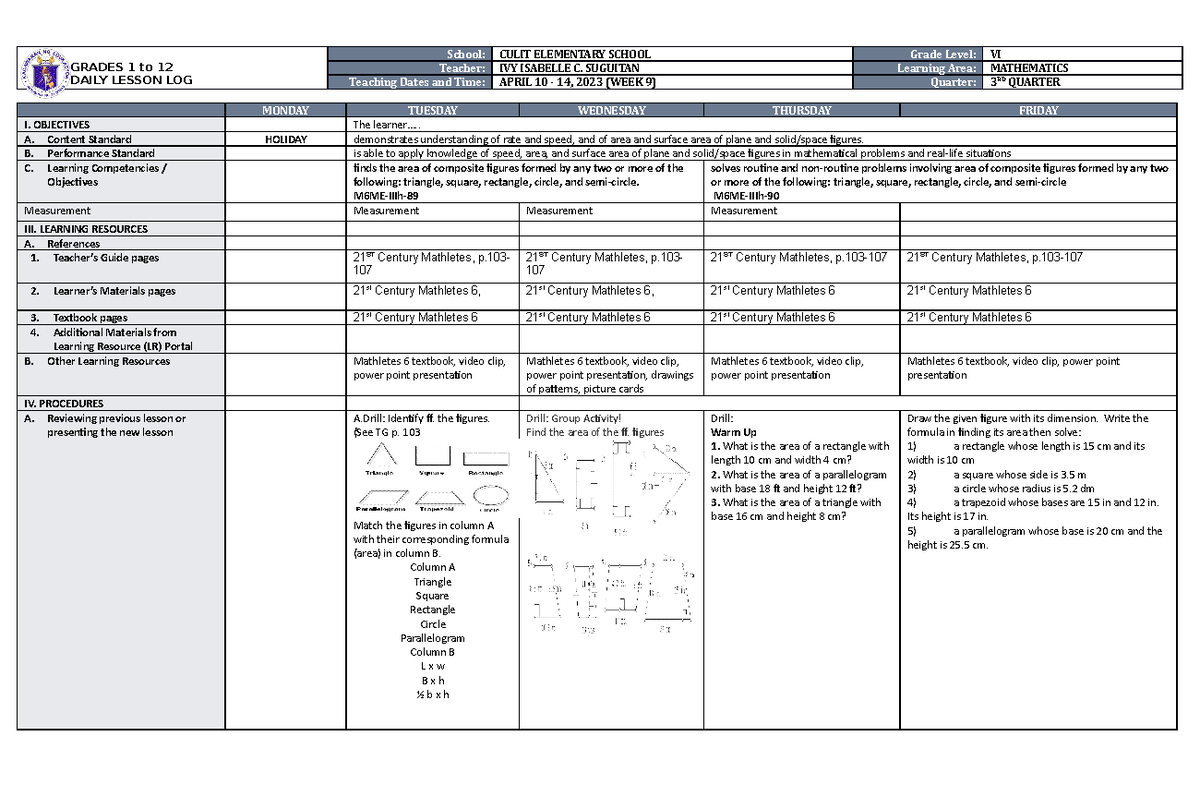 DLL Mathematics 6 Q3 W9 - sample - GRADES 1 to 12 DAILY LESSON LOG School: CULIT ELEMENTARY ...